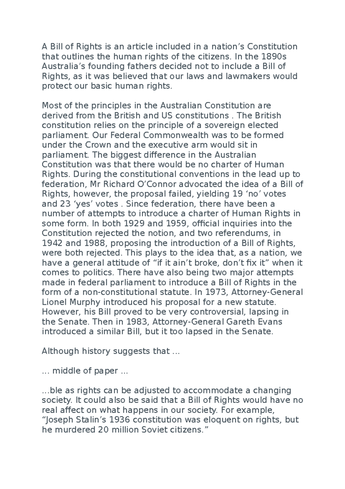 The Australian Constitution - A Bill of Rights is an article included ...