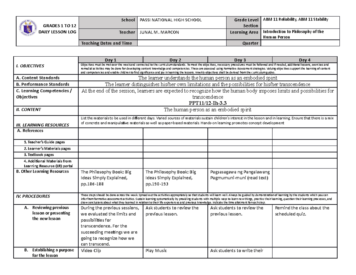 PPT Week h - Embodied Spirit 3 - GRADES 1 TO 12 DAILY LESSON LOG School ...