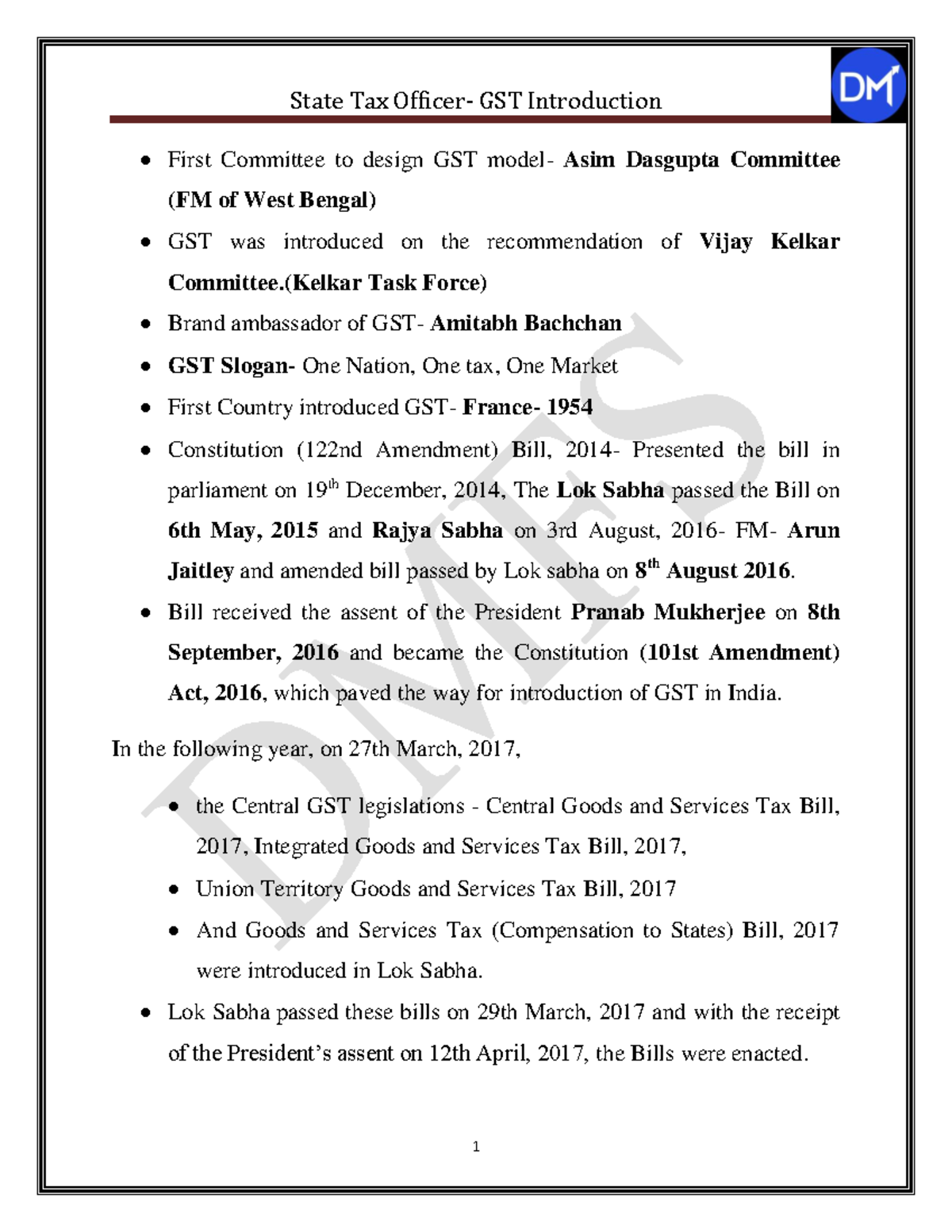 GST intro - GST - First Committee to design GST model- Asim Dasgupta ...