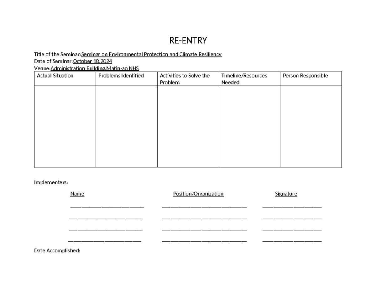 Re -entry form - eco-friendly Schools - RE-ENTRY Title of the Seminar ...