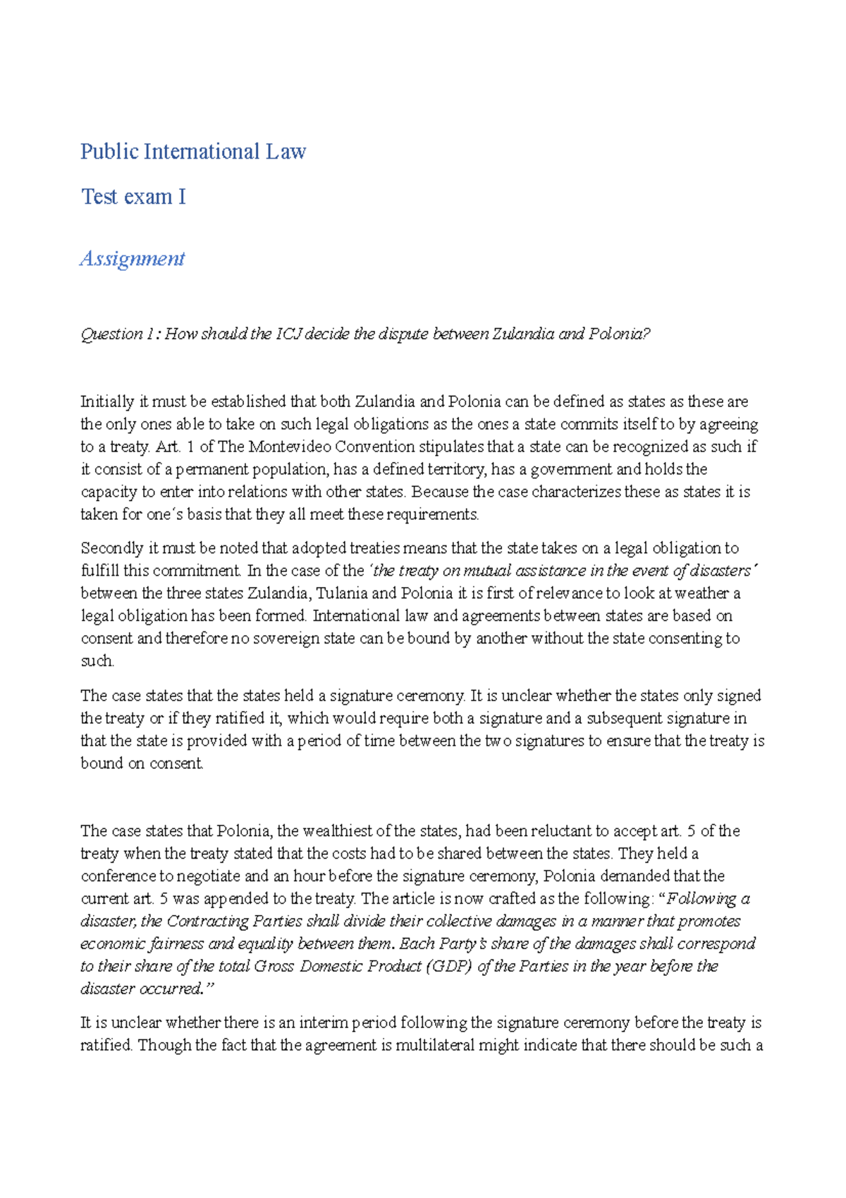 Test Exam I - international law - Public International Law Test exam I ...