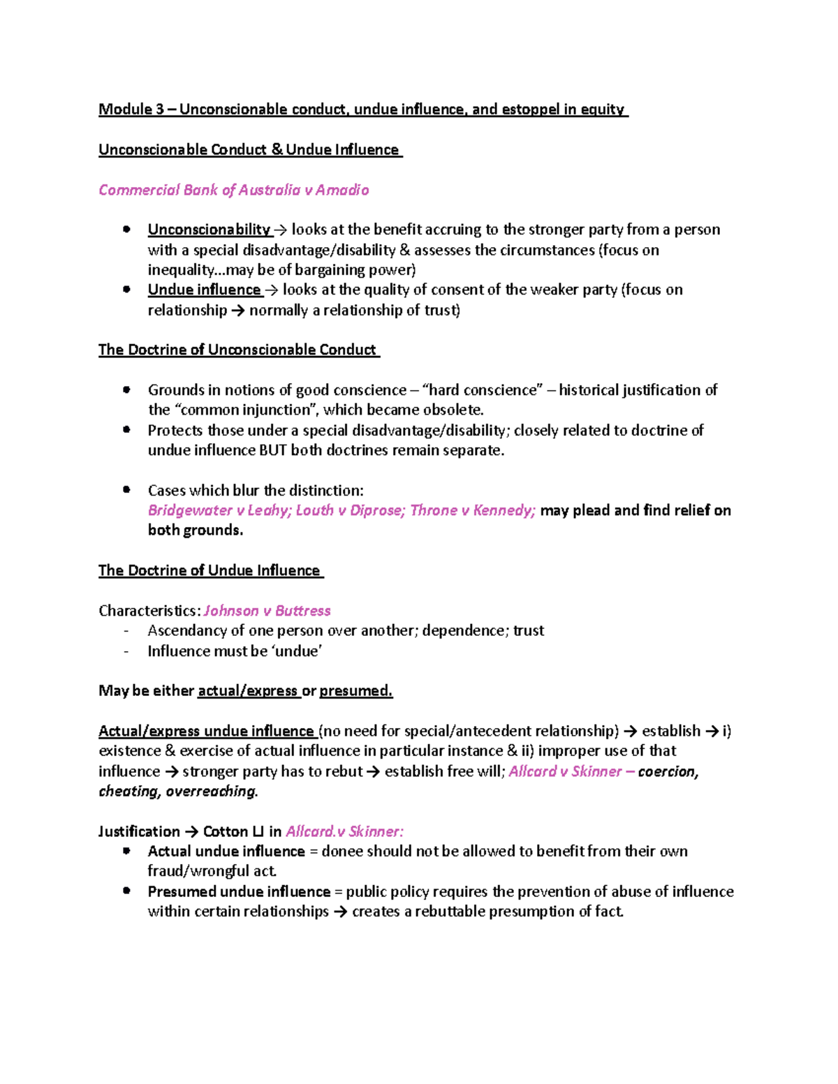 Module 3 - Equity - Lecture 3 class notes - Module 3 – Unconscionable ...