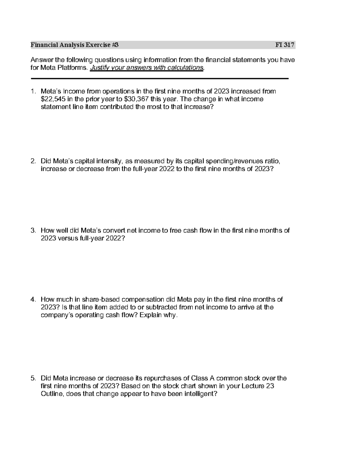 Financial Analysis Exercise 3 - Answer the following questions using ...