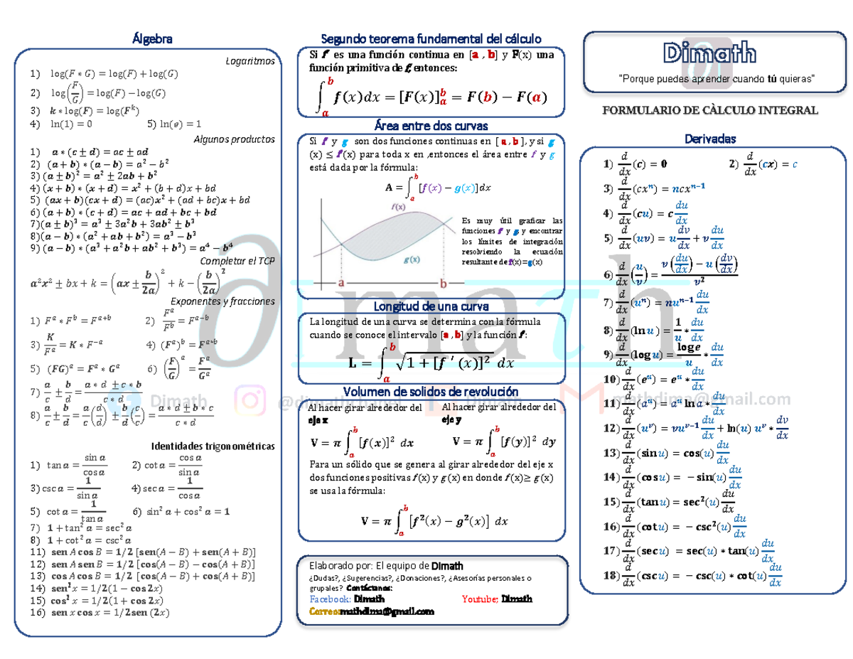 Formulario Cálculo Integral Y Diferencial - Álgebra Logaritmos 1 ) log ...