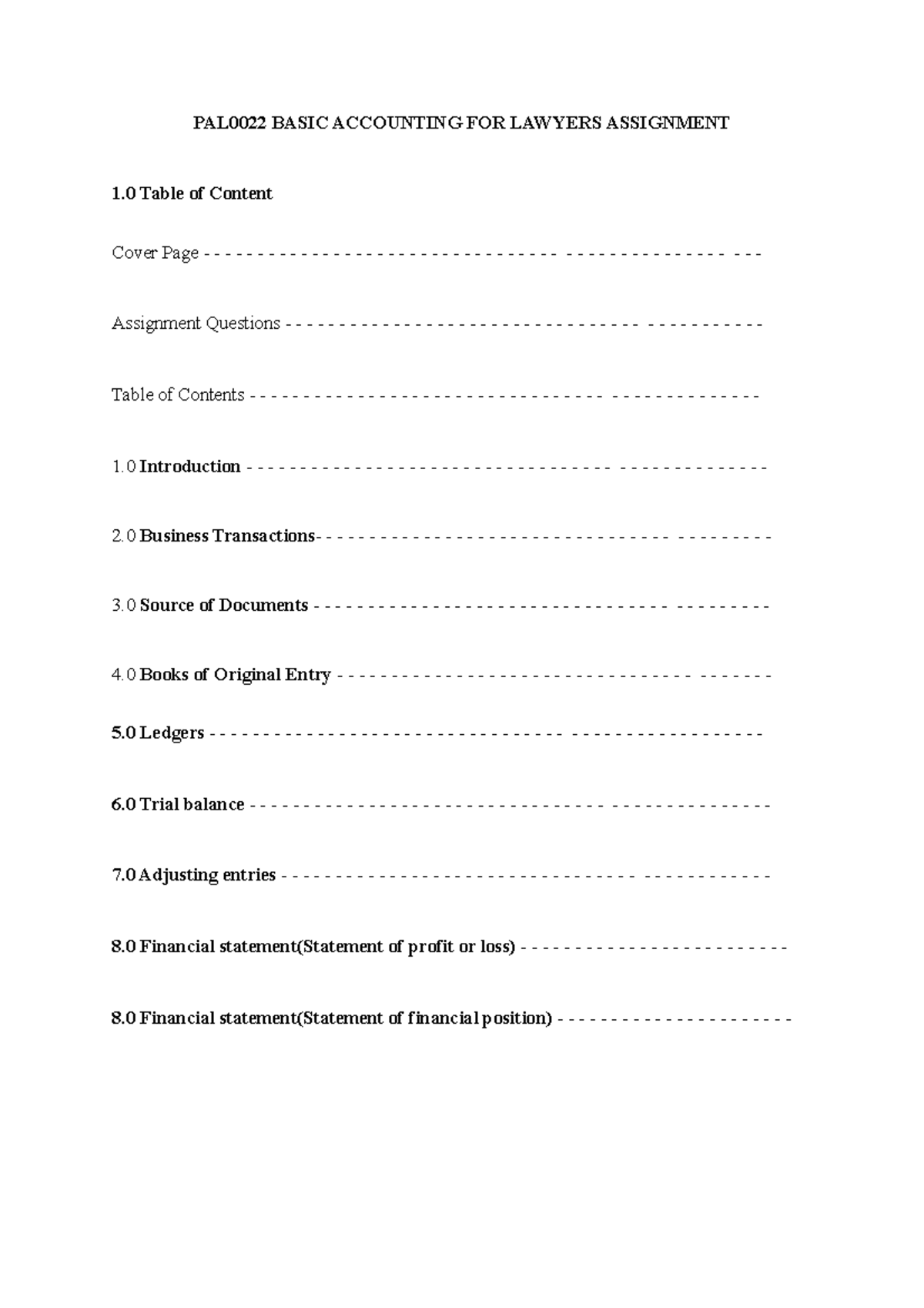 Default - PAL0022 BASIC ACCOUNTING FOR LAWYERS ASSIGNMENT 1 Table of ...