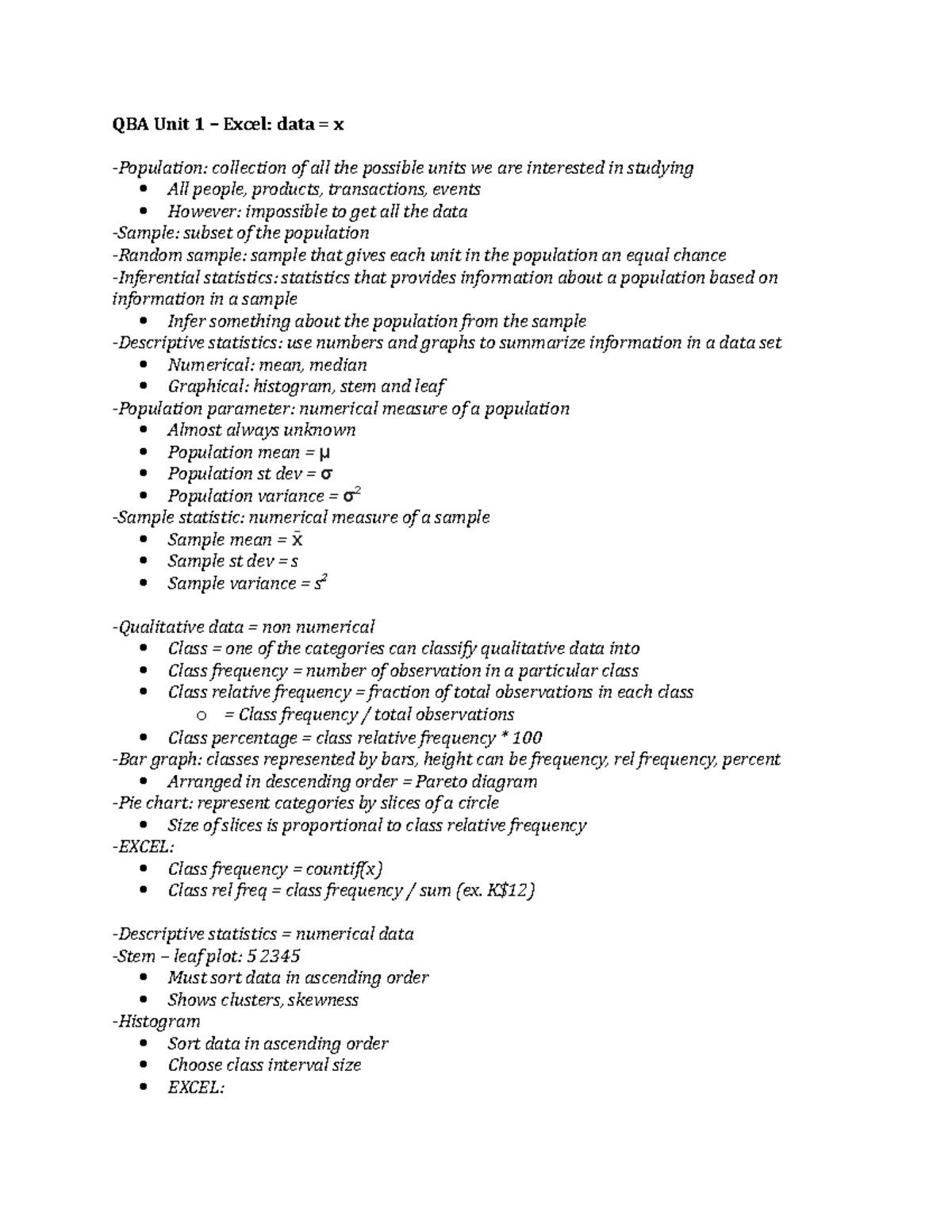 QBA 120 Exam 1 Review Guide - QBA Unit 1 – Excel: data = x -Population ...