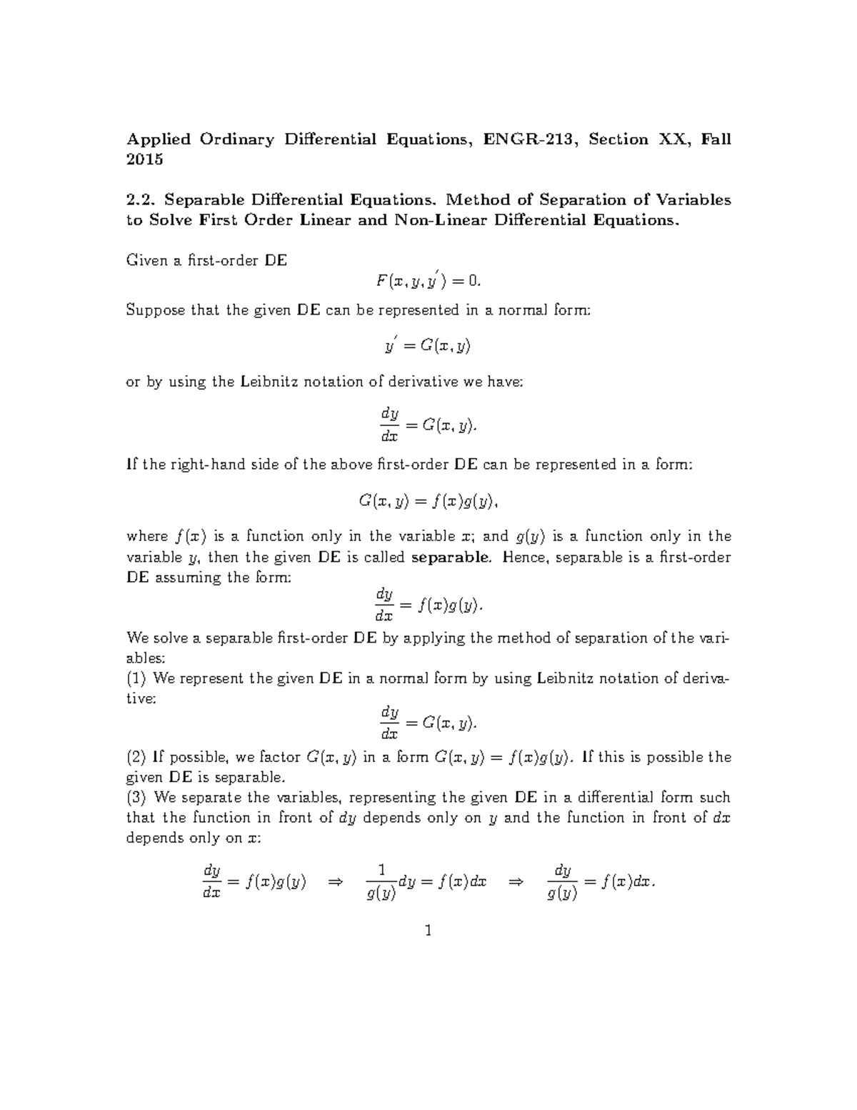 ENGR 213 - Lecture 02 - Seperation of Variables and Integrating Factor - Applied Ordinary - Studocu