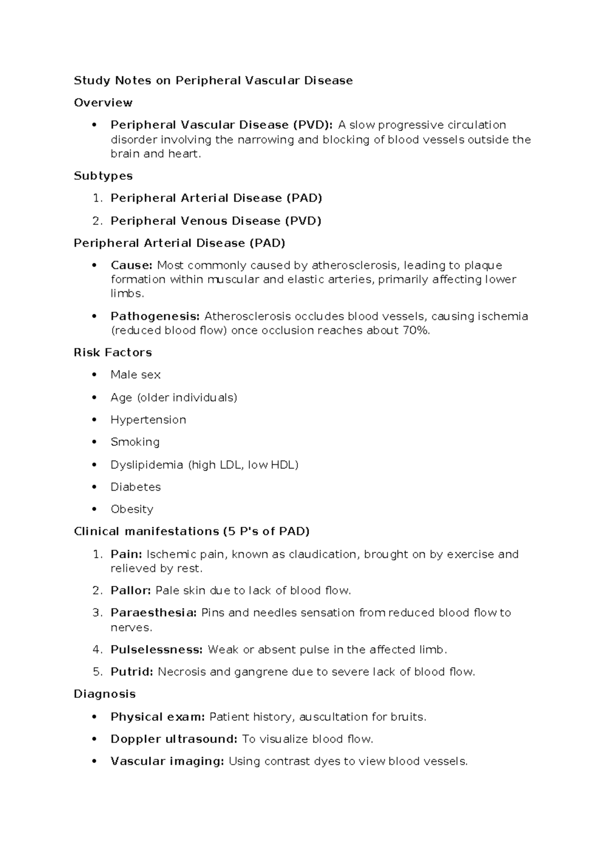 Study Notes on Peripheral Vascular Disease - Study Notes on Peripheral ...