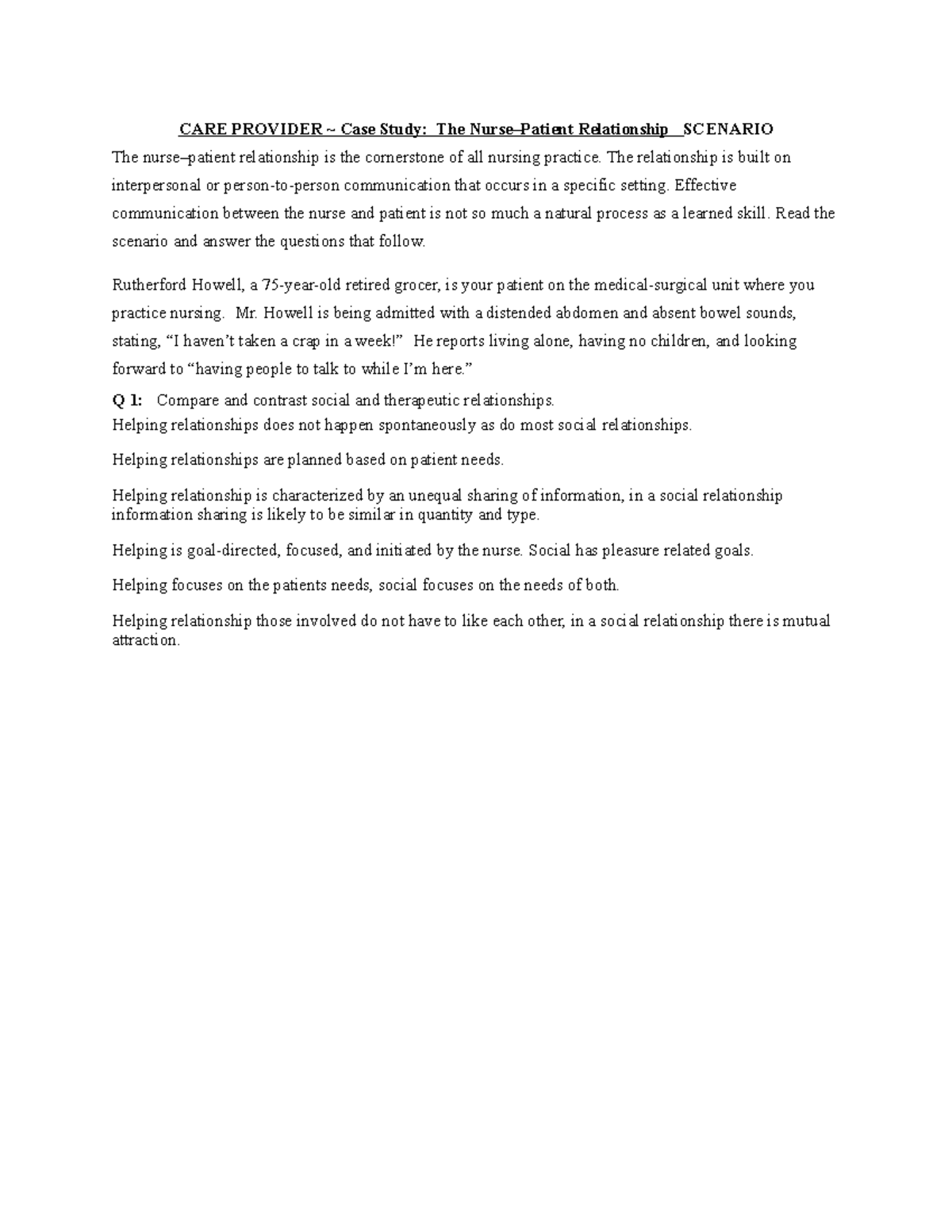 Helping Vs Social Realtionship Case STudy - CARE PROVIDER ~ Case Study ...