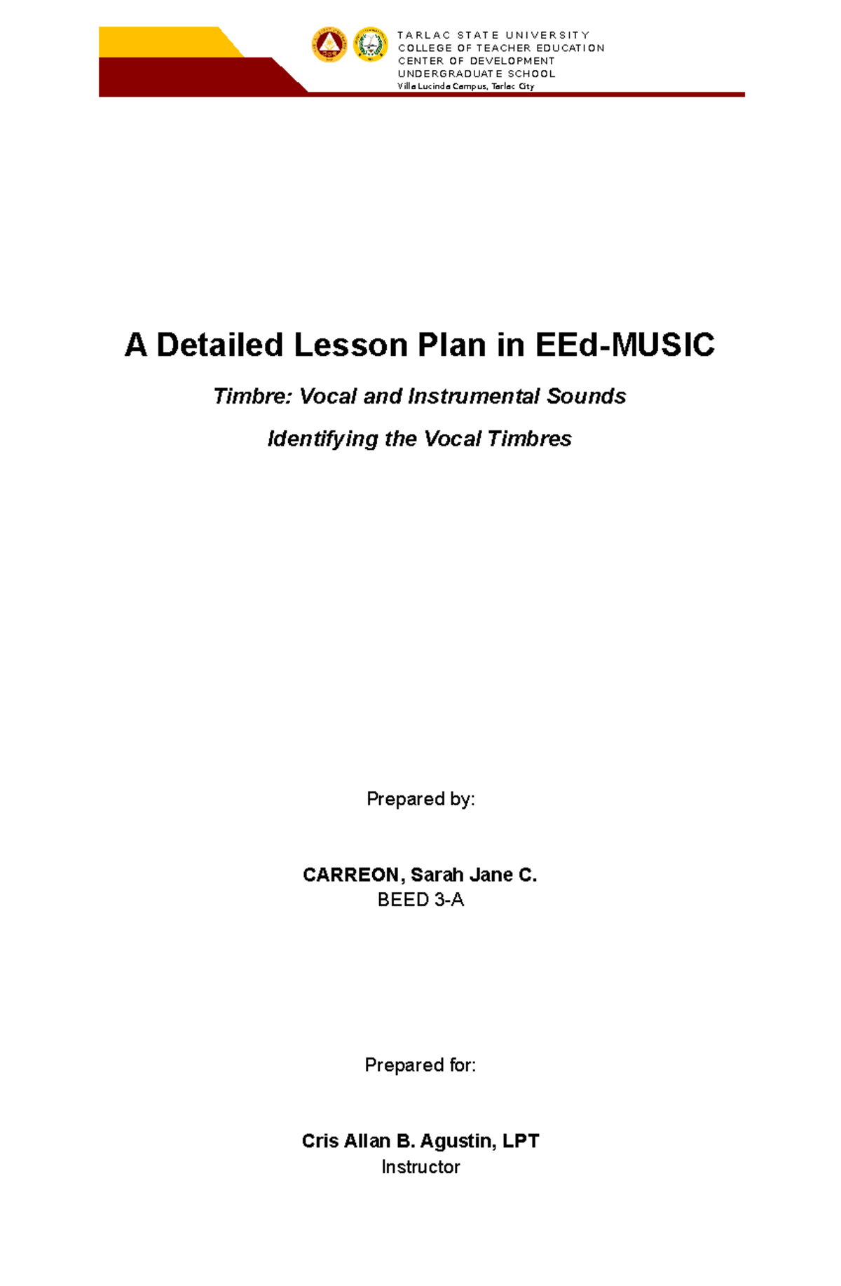 Lesson-Plan in Music - A Detailed Lesson Plan in EEd-MUSIC Timbre ...