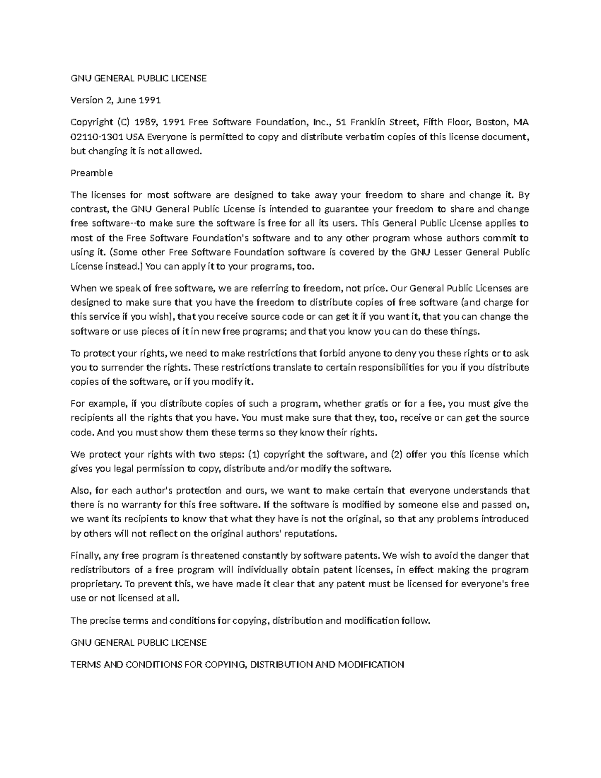 GNU General Public License - GNU GENERAL PUBLIC LICENSE Version 2, June ...