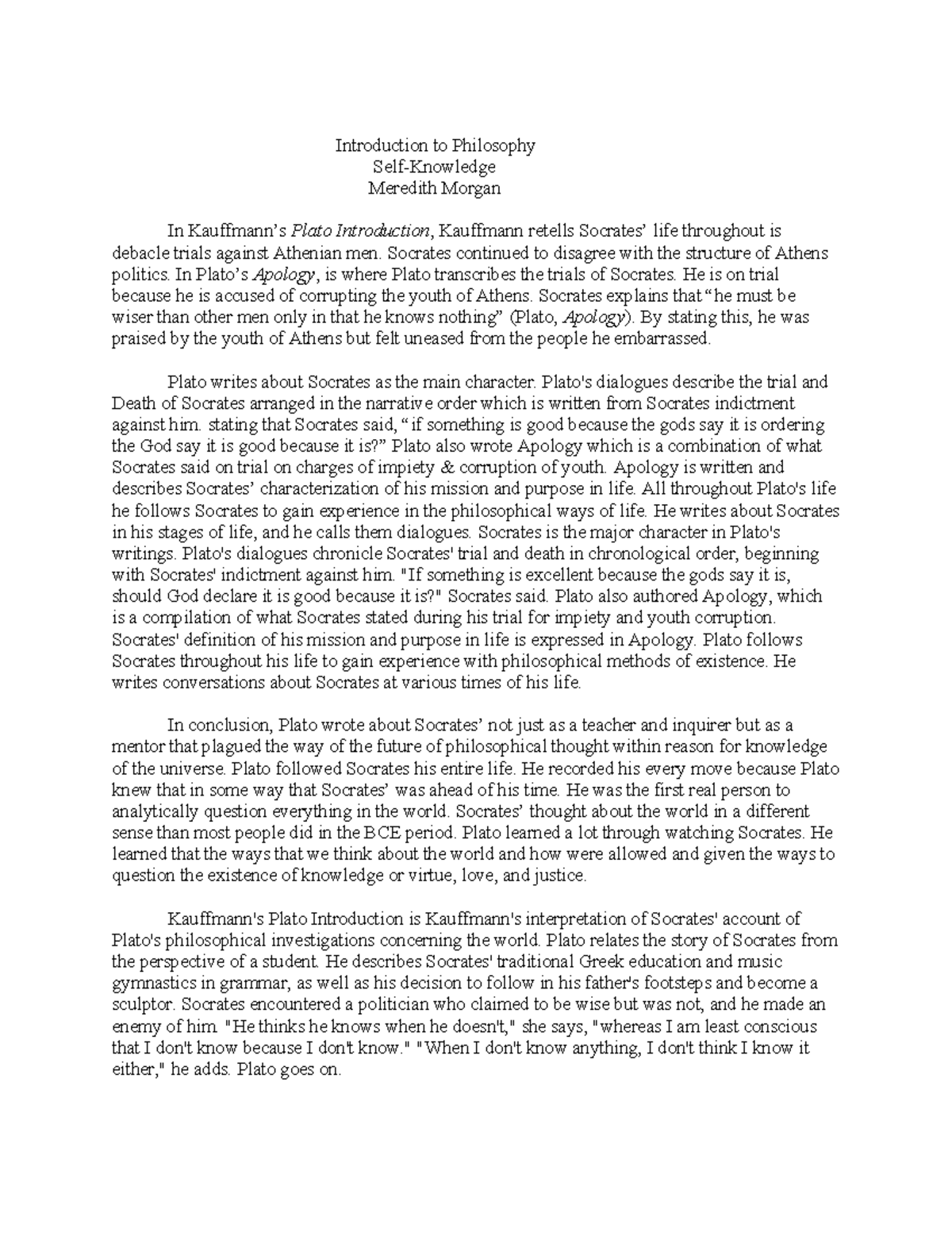 Philosophy of Self Knowledge - Introduction to Philosophy Self ...