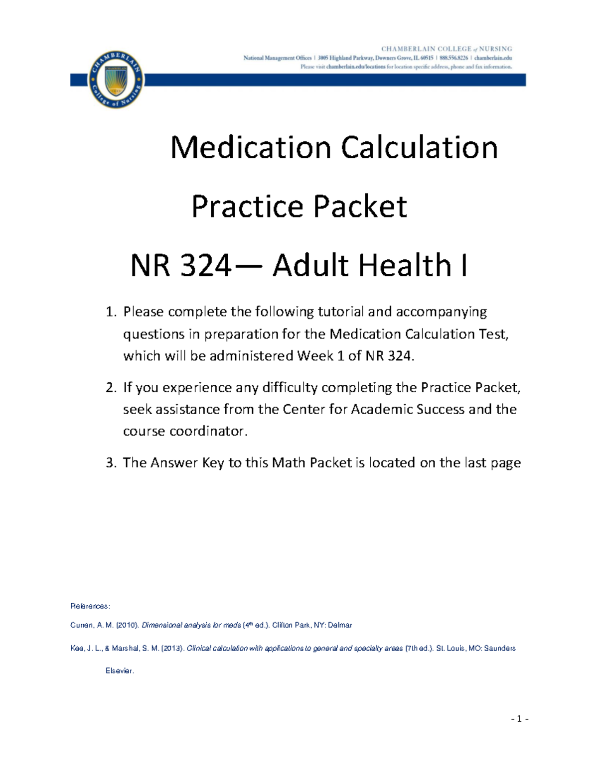 NR324 Med Surg Math Packet with Added KEY - 1 - Medication Calculation ...