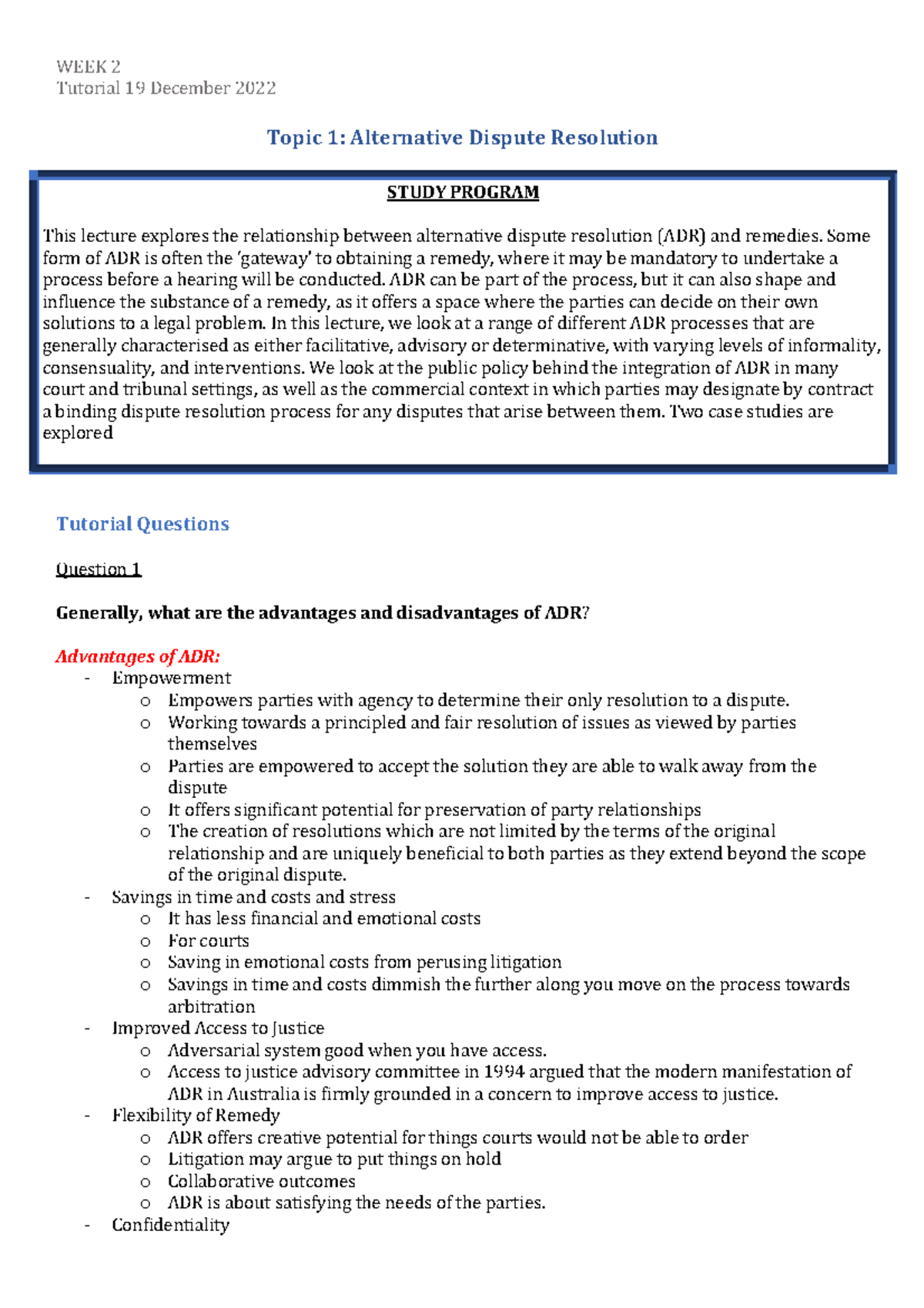 Topic 1 - Alternative Dispute Resolution - Tutorial 19 December 2022 Topic 1: Alternative ...
