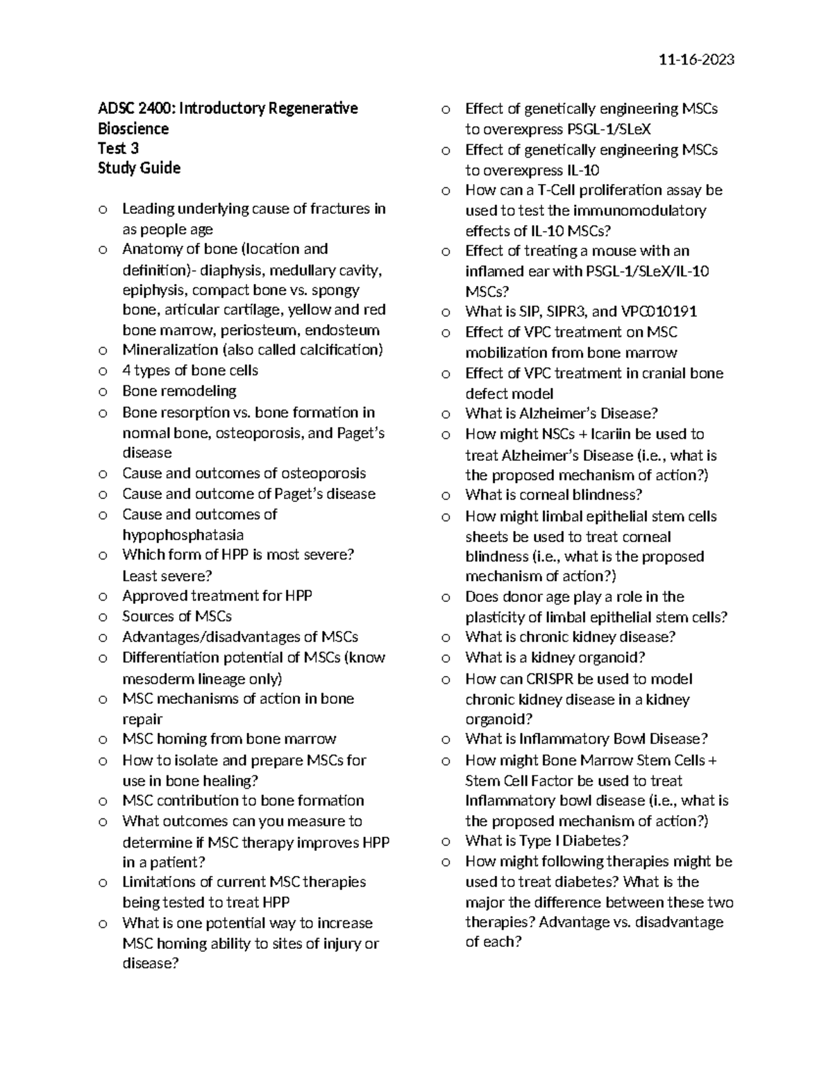 2023 Fall ADSC 2400 Study Guide Exam 3 - 11-16- ADSC 2400: Introductory ...