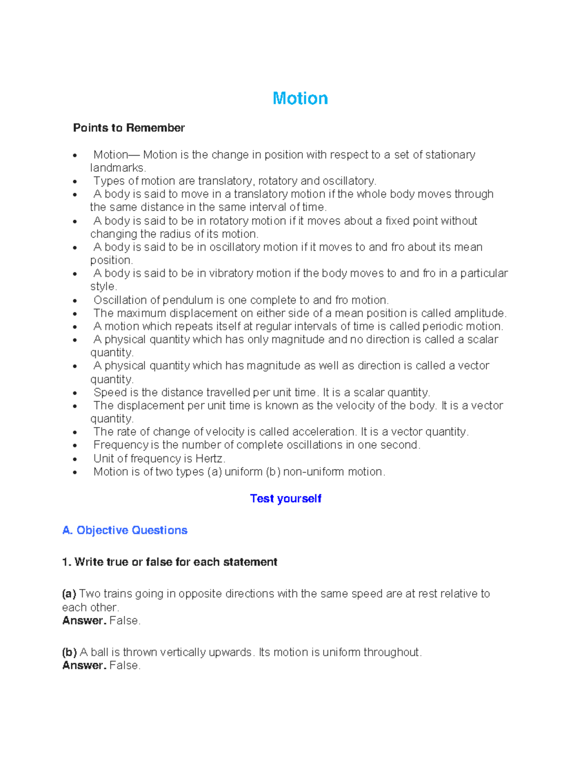 Motion - notes - ncertbooksolutions Motion Points to Remember Motion ...