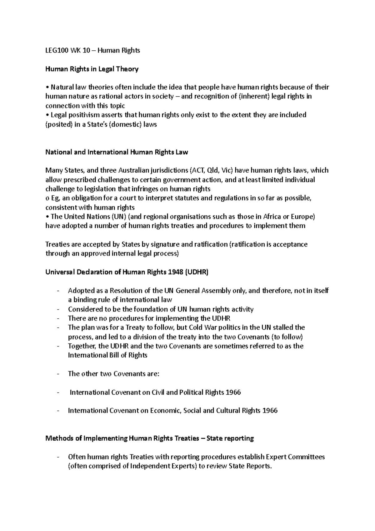 LEG100 WK 10 - Notes to WK10 - LEG100 WK 10 – Human Rights Human Rights ...