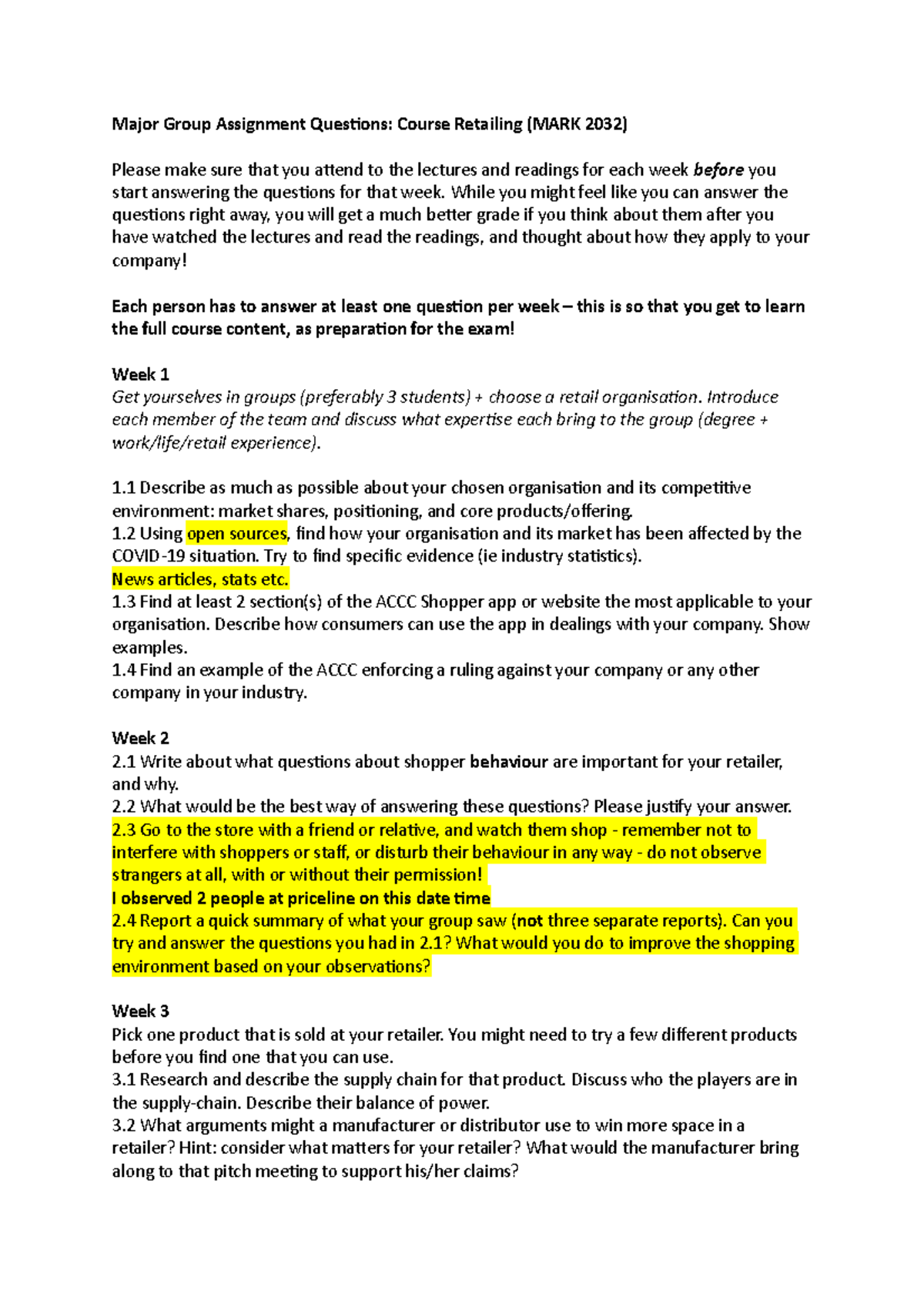 Assignment questions for retailing - MARK 2032 - UniSA - Studocu