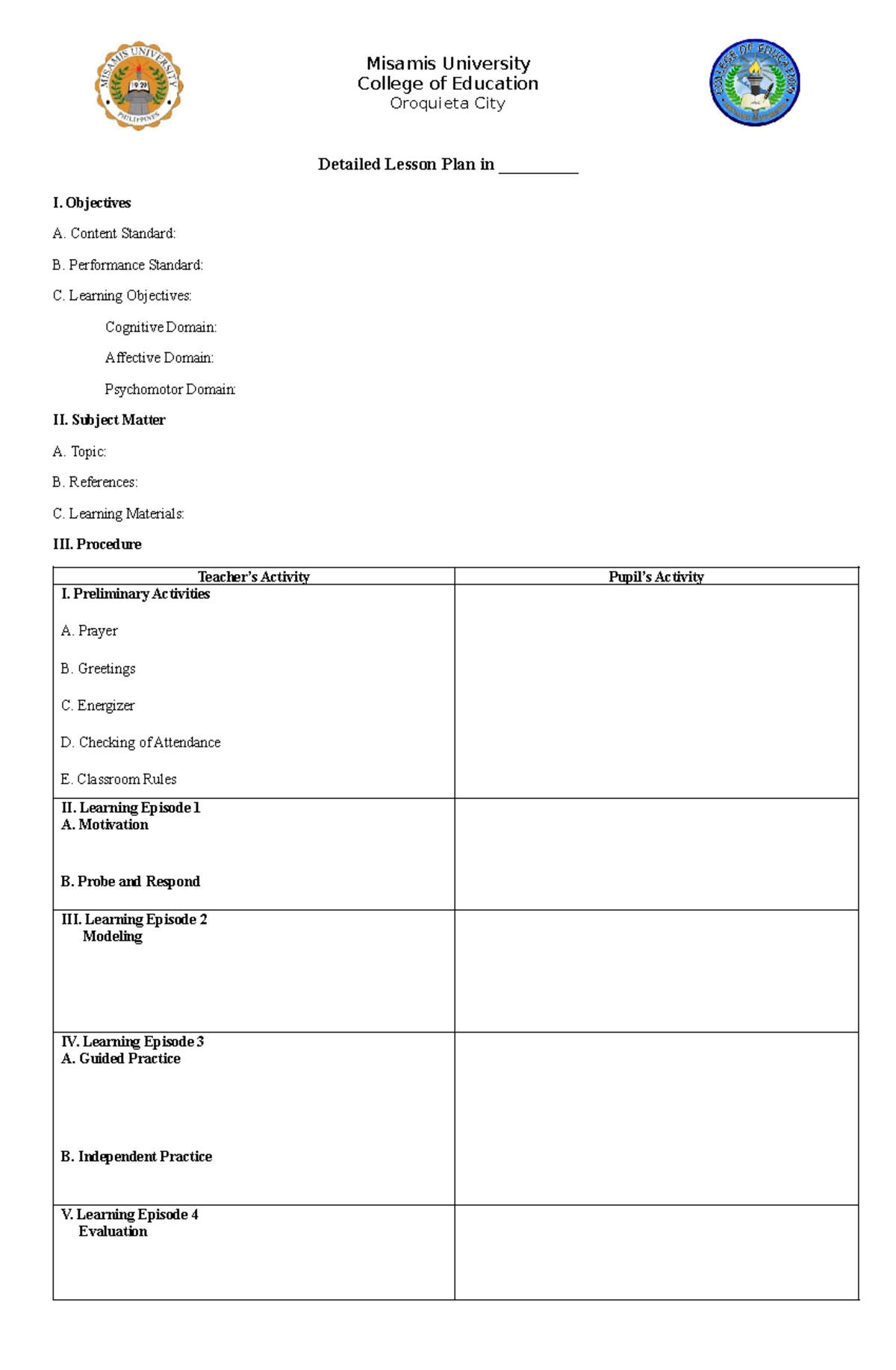 TMDI Lesson Plan Format 2 - Misamis University College of Education ...