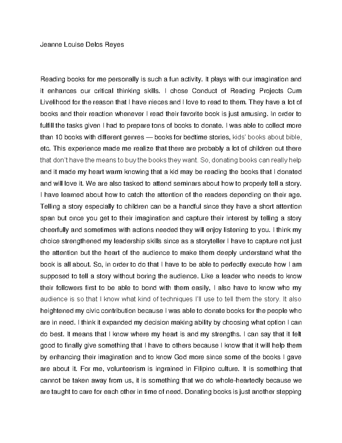 Reflective Essay - Jeanne Louise Delos Reyes Reading books for me ...