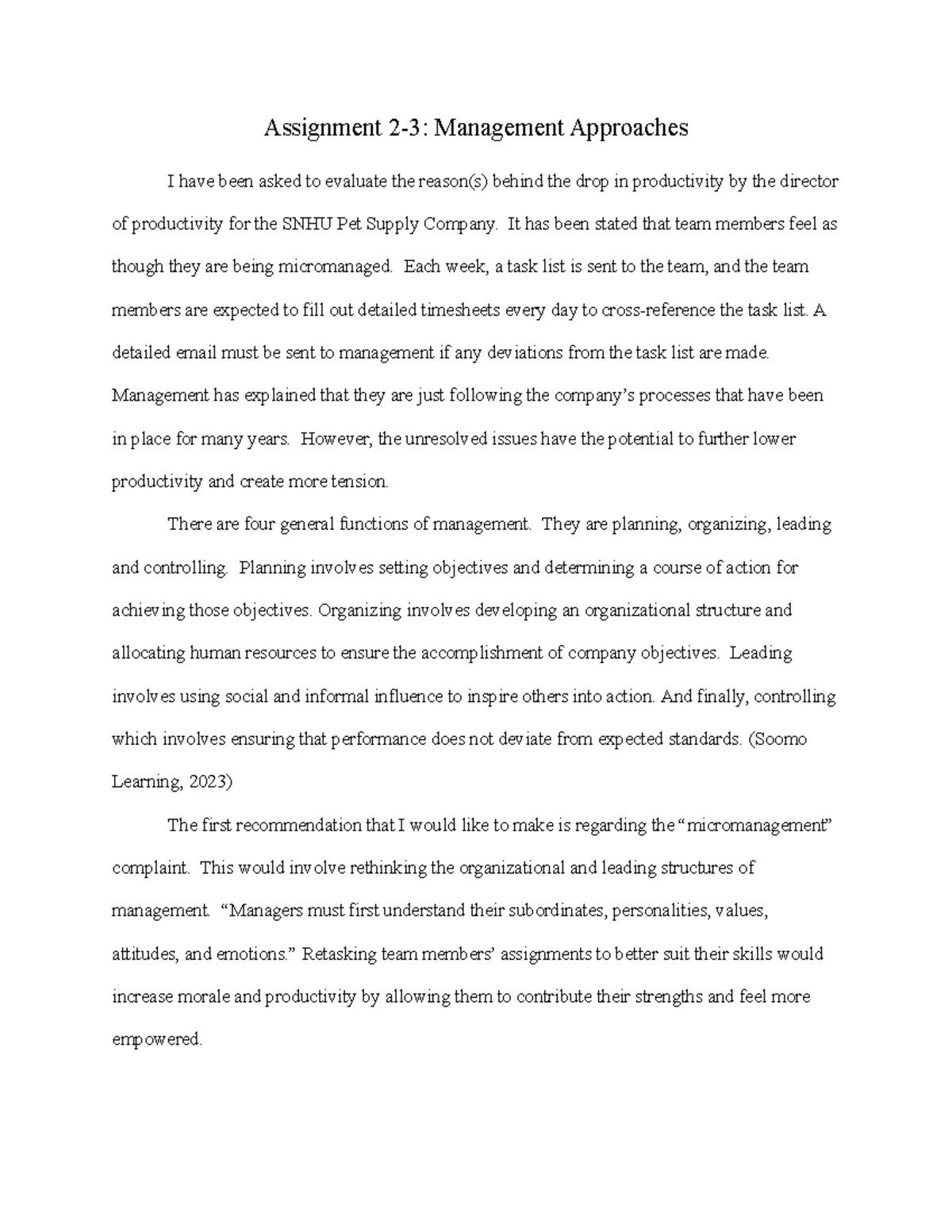 BUS 210 Module Two Activity - Assignment 2-3: Management Approaches I ...