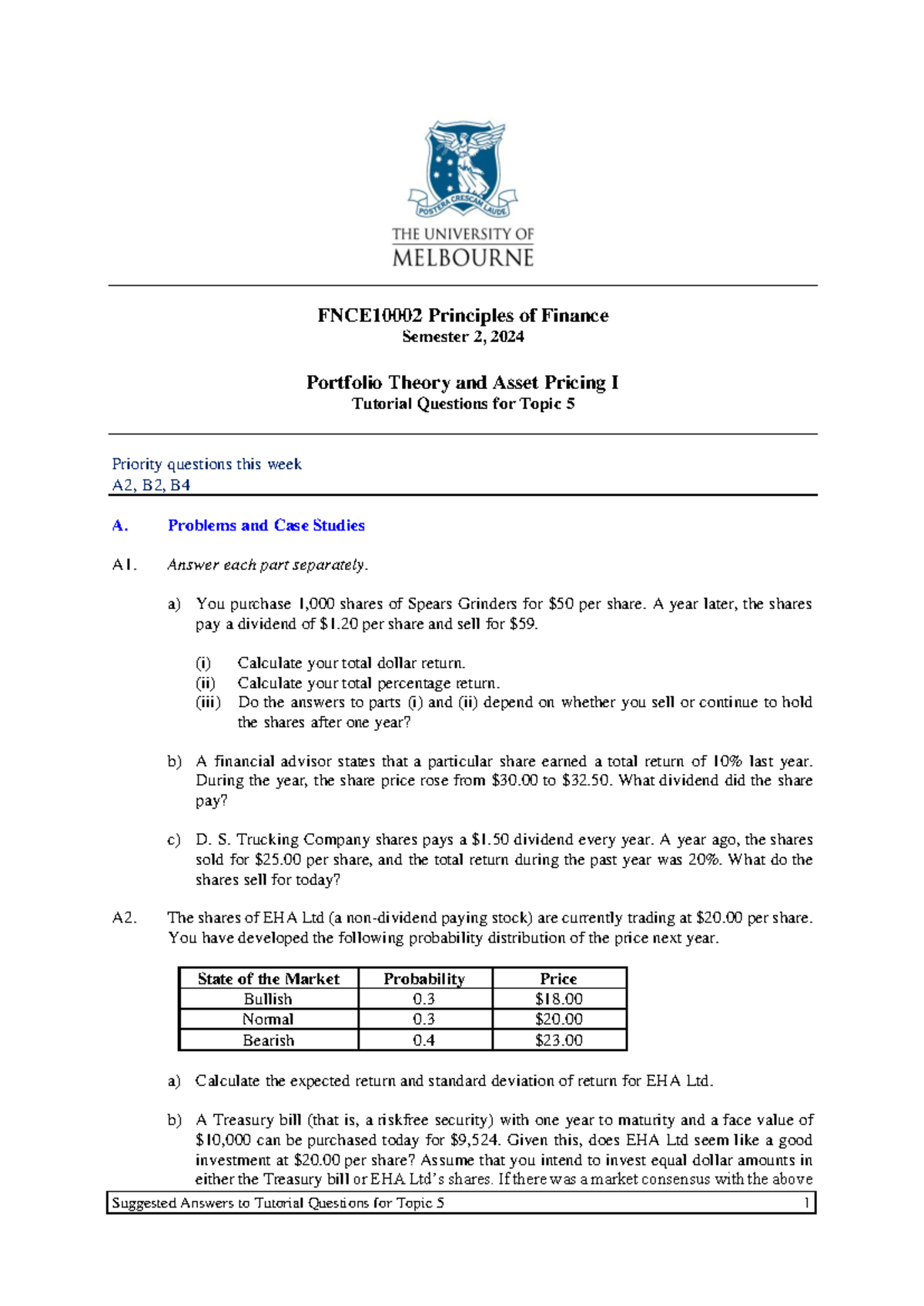 Tutorial 05-2 - FNCE10002 Principles of Finance Semester 2 , 202 4 ...