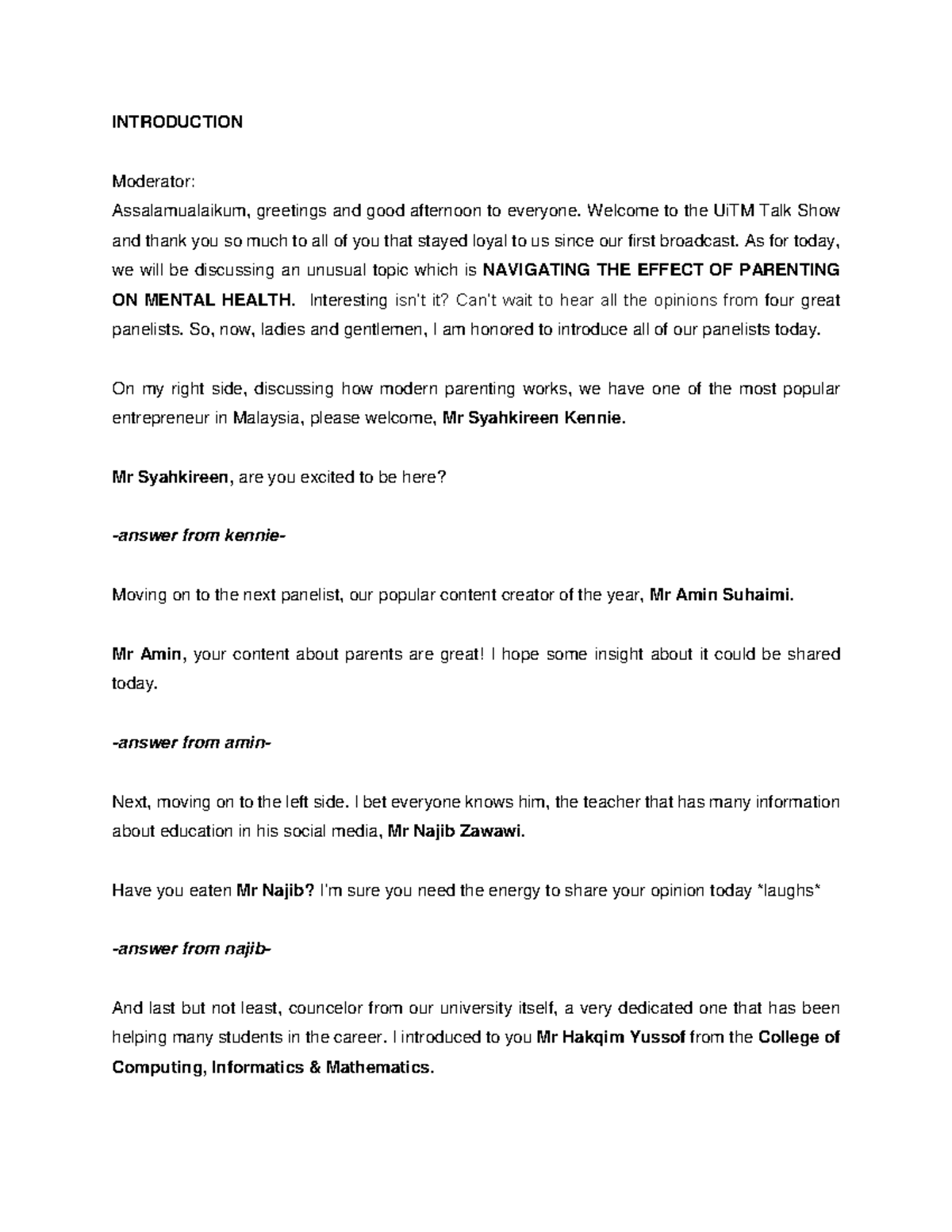 Moderator Script Forum - INTRODUCTION Moderator: Assalamualaikum ...