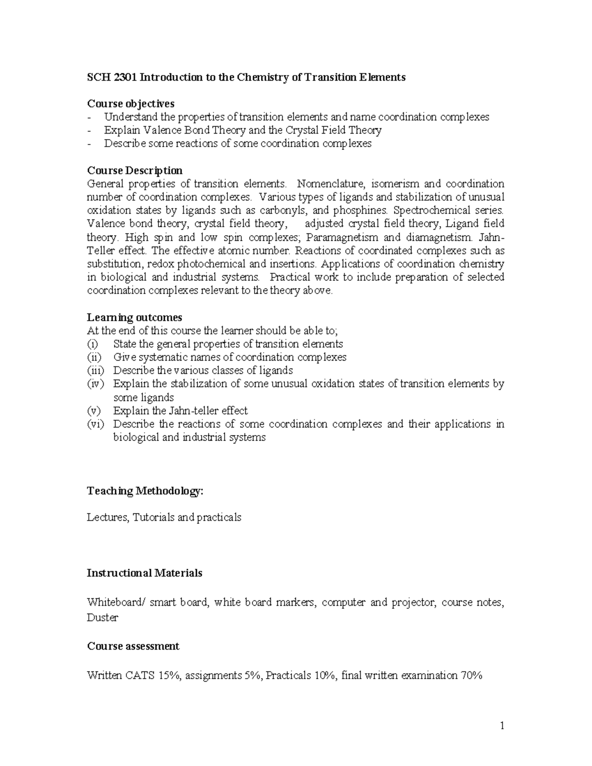 SCH 2301 Introduction TO THE Chemistry OF Transition Elements Lesson ...