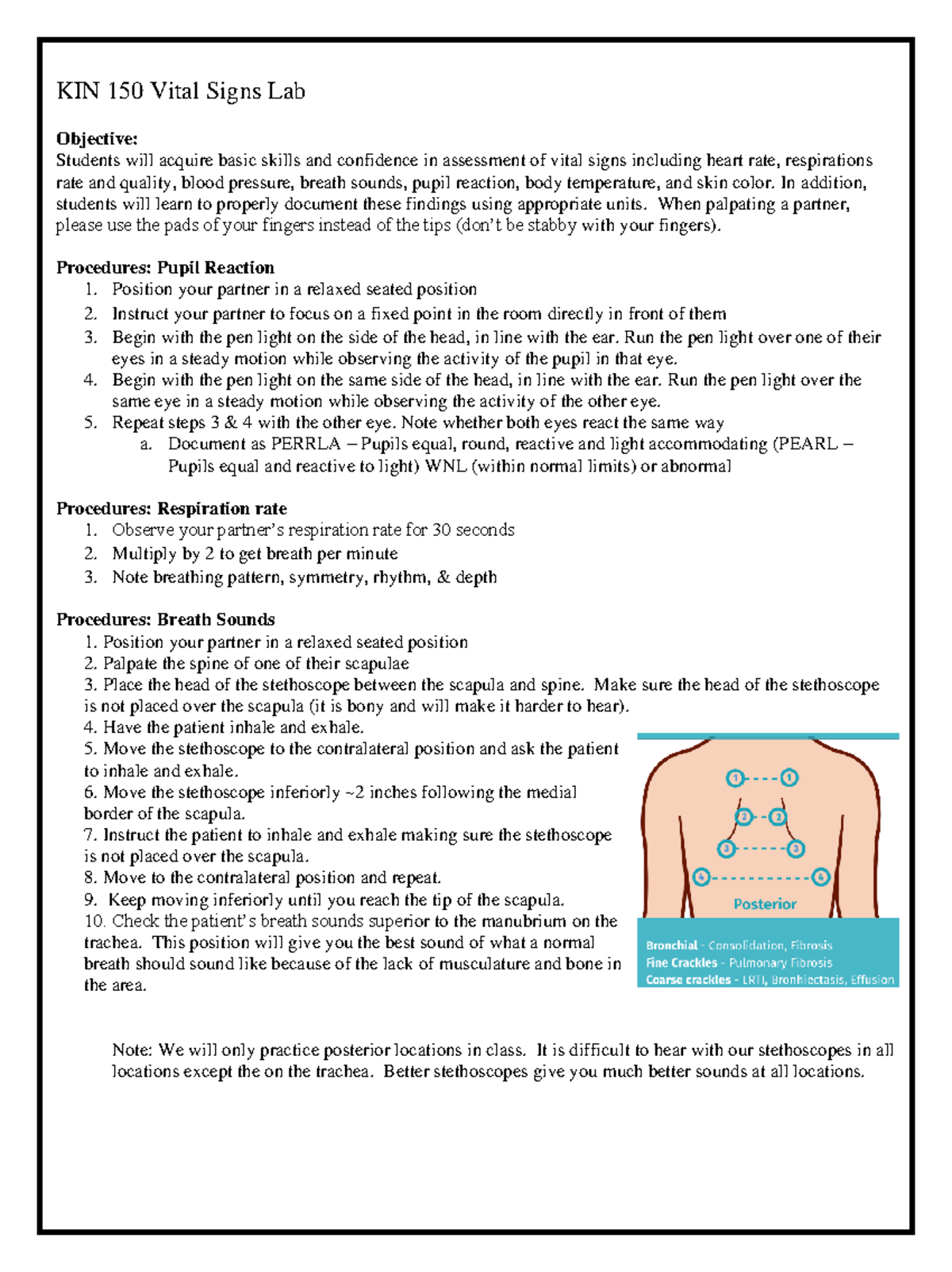 Vitals Lab - Assignment/task list - KIN 150 Vital Signs Lab Objective ...