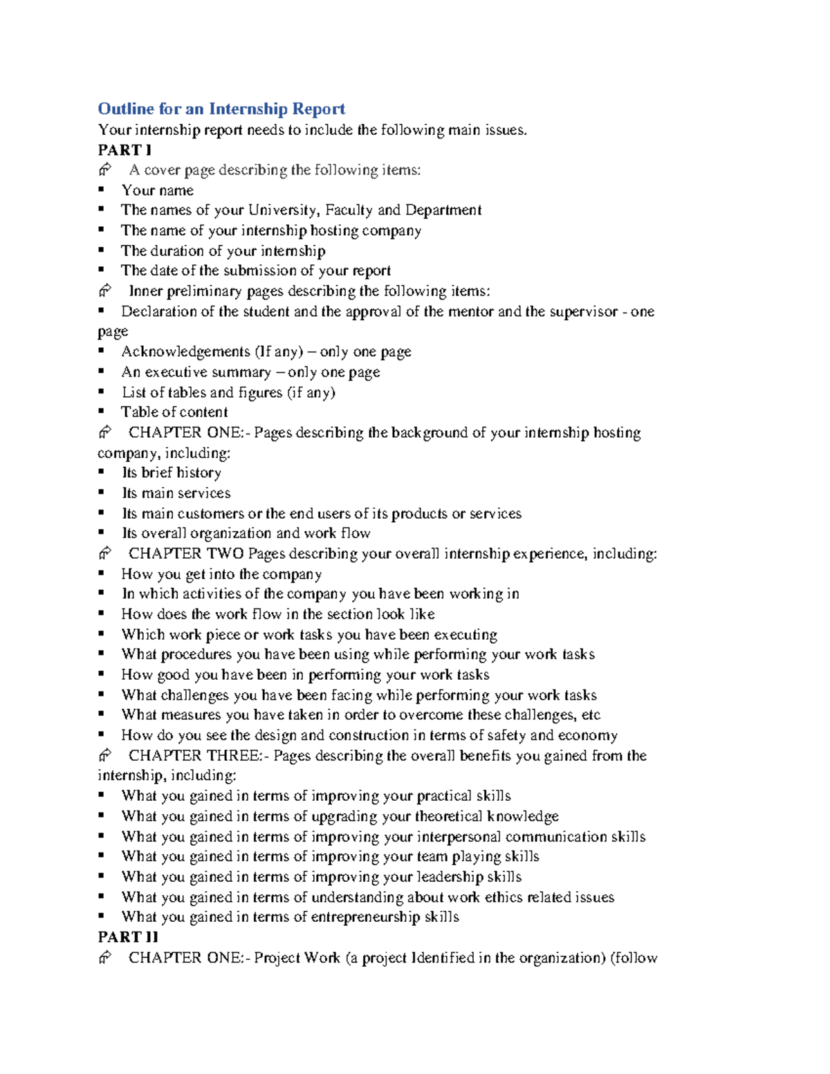 Outline for an Internship Report - PART I A cover page describing the ...