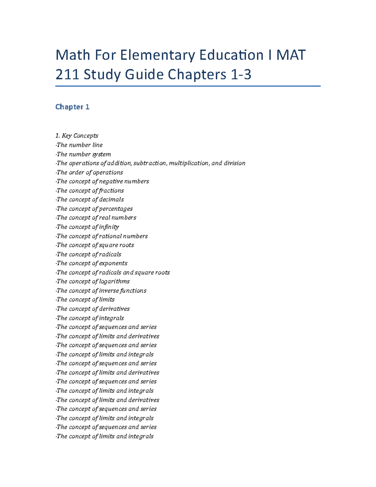 Math For Elementary Education I MAT 211 Study Guide Chapters 1-3 -In ...