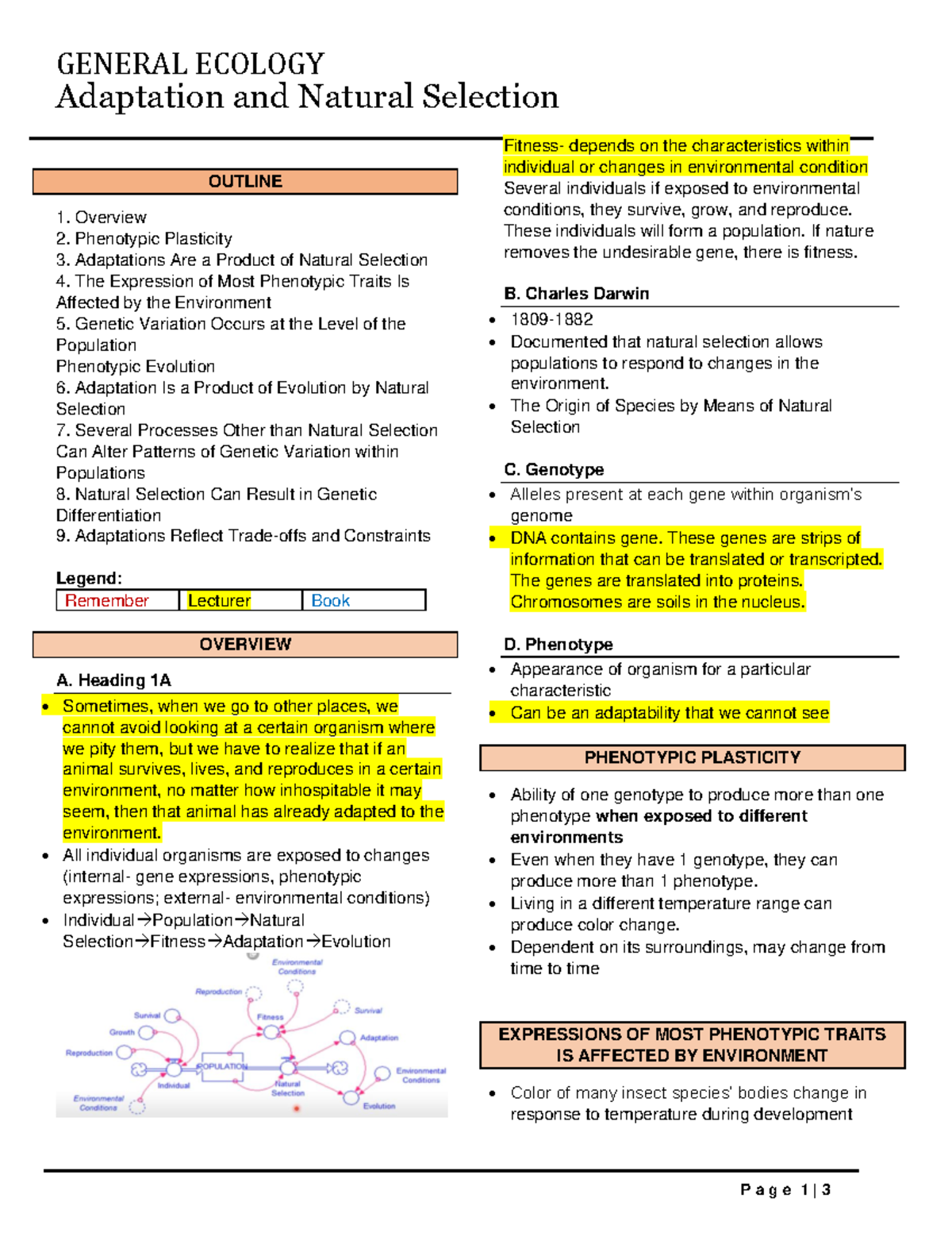 Bio426 Lecture 4 Adaptation & Natural Selection-Notes - GENERAL ECOLOGY ...