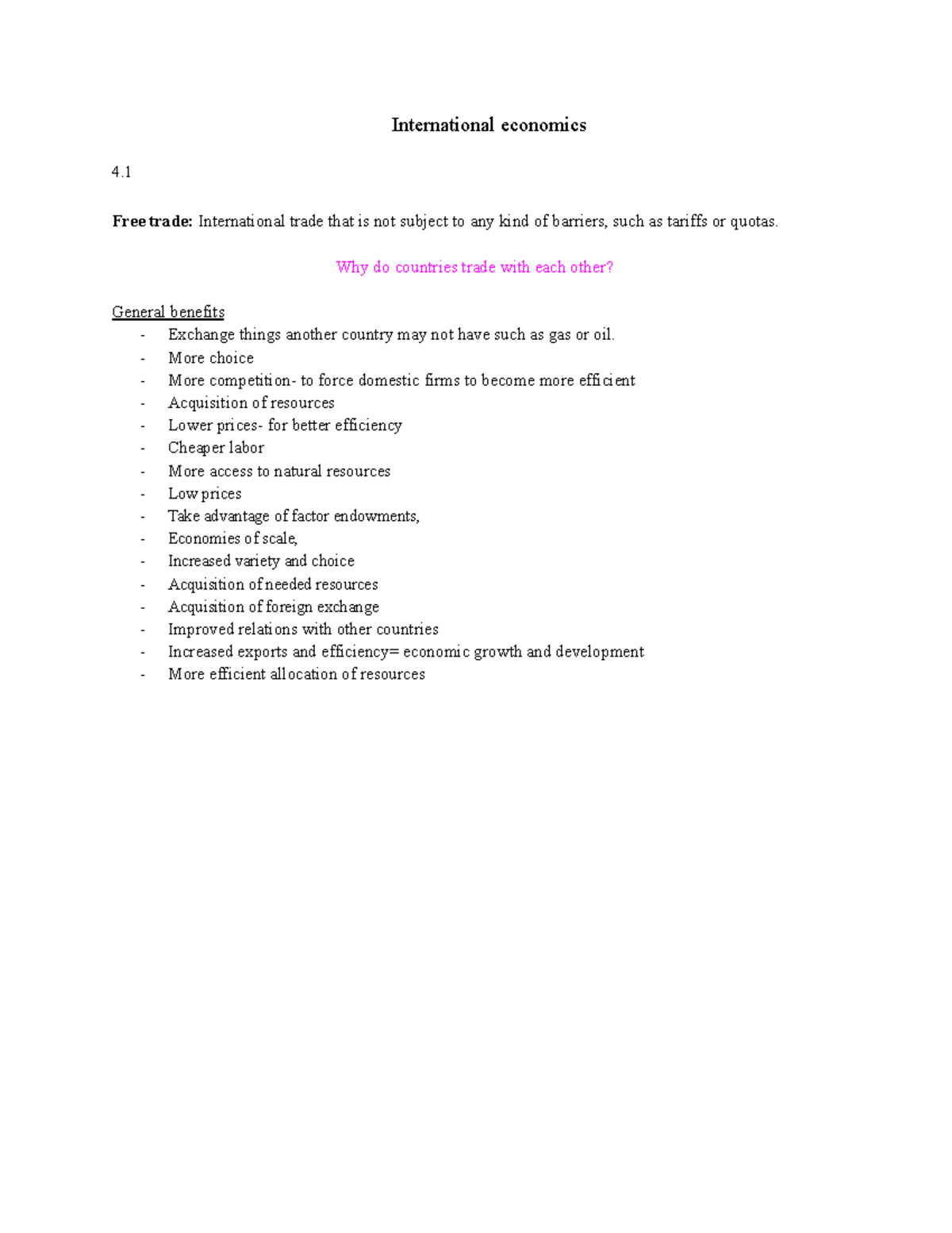 International trade Econ notes - International economics 4. Free trade ...