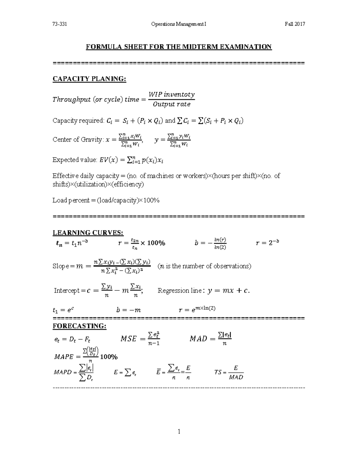 Formula Sheet FOR THE Midterm Examination F17 - 73-331 Operations ...