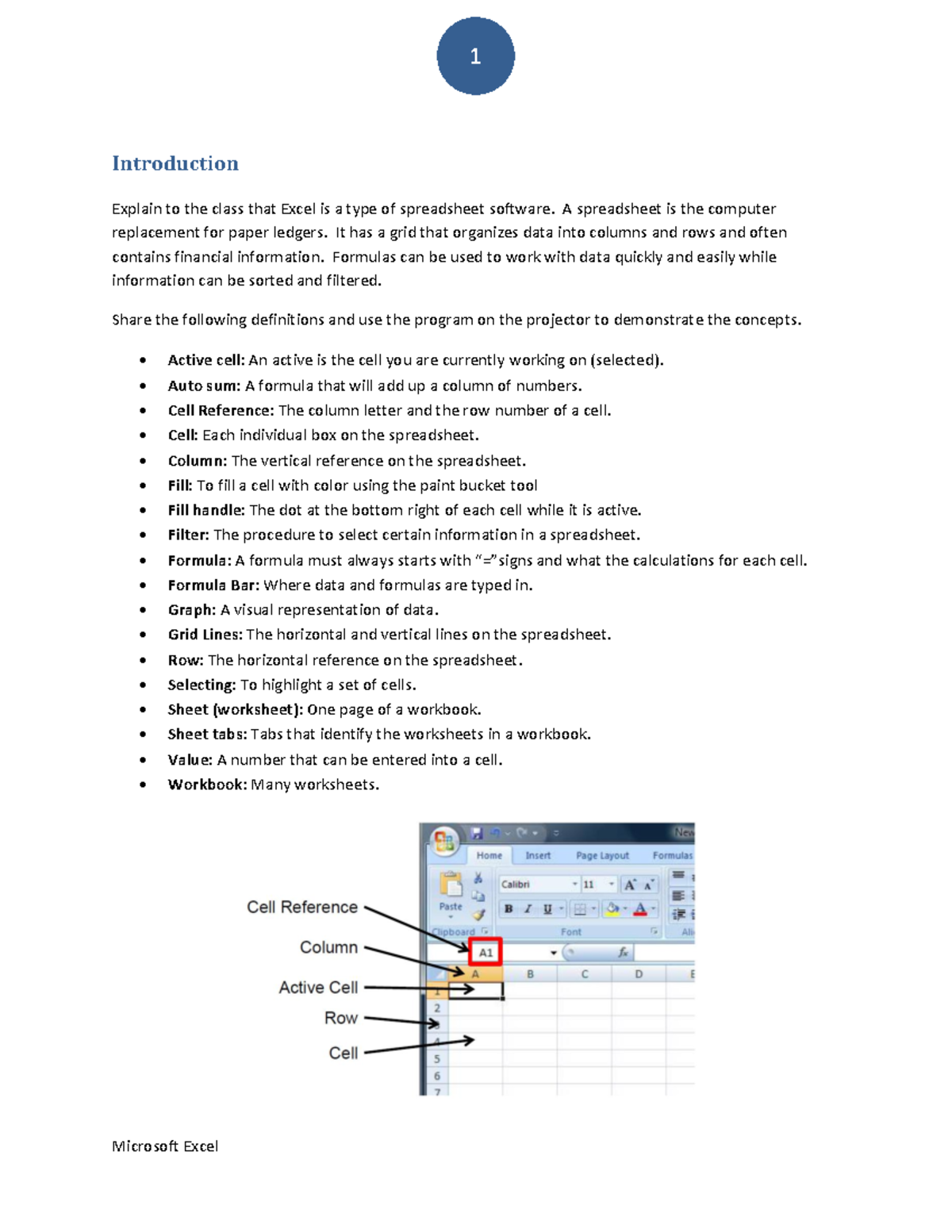 Tutorial work - Excel basics - 1 Introduction Explain to the class that ...