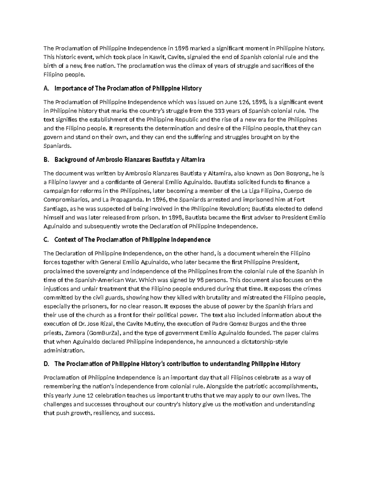 Criticalessay - The Proclamation of Philippine Independence in 1898 ...