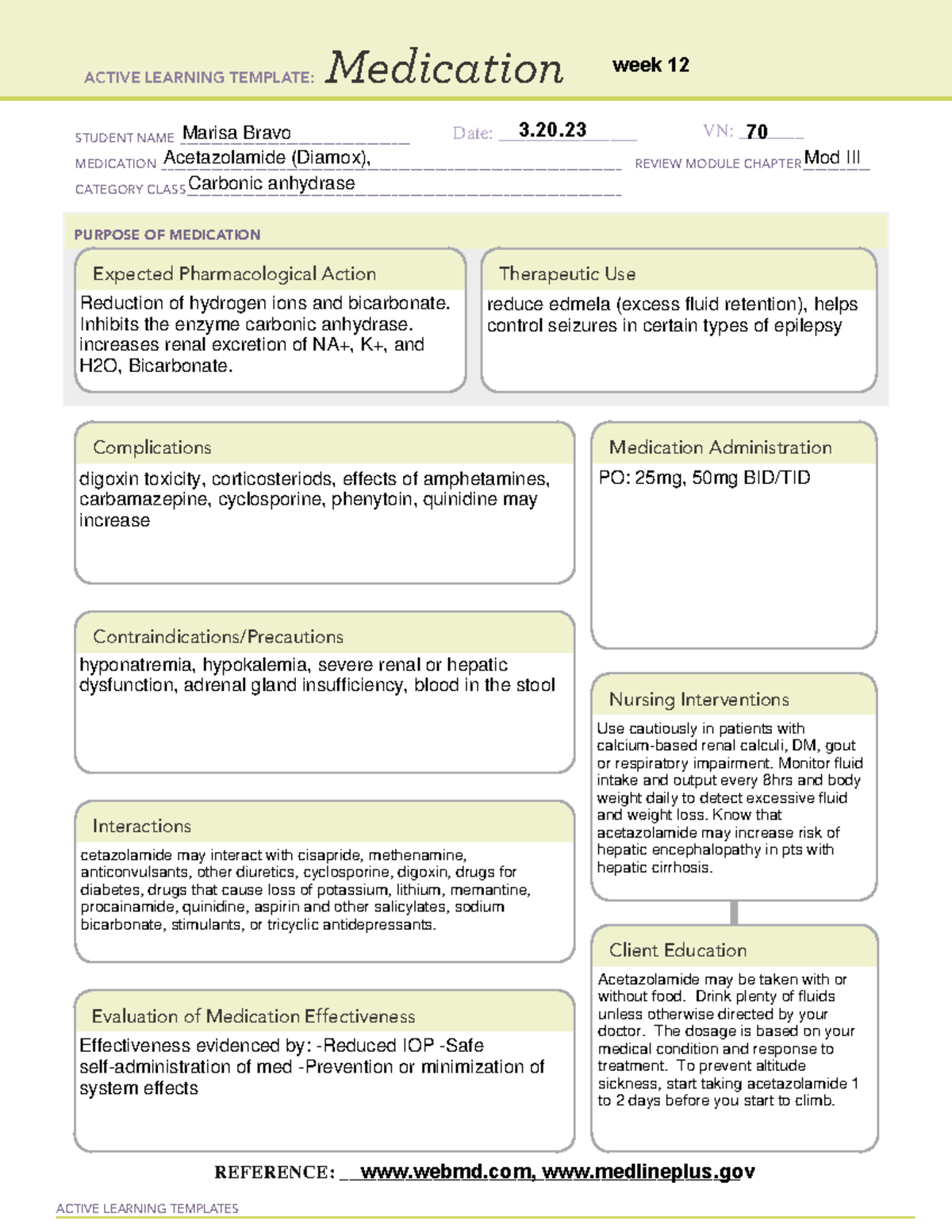 Acetazolamide medcard week 12 - ACTIVE LEARNING TEMPLATES Medication ...