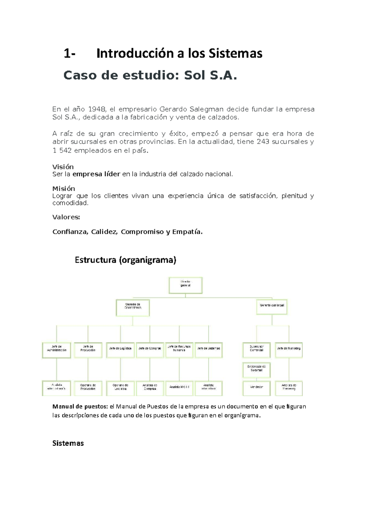 Resumen Sistemas de Información - 1- Introducción a los Sistemas Caso de estudio: Sol S. En el ...