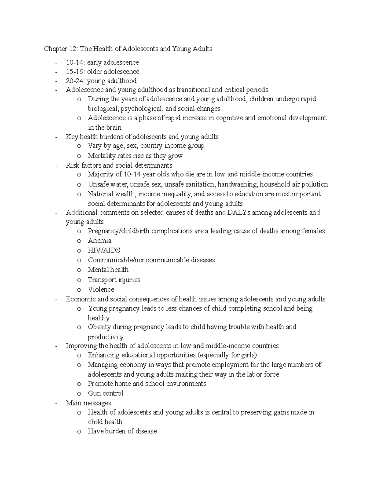 Chapter 12 Notes - Chapter 12: The Health of Adolescents and Young ...