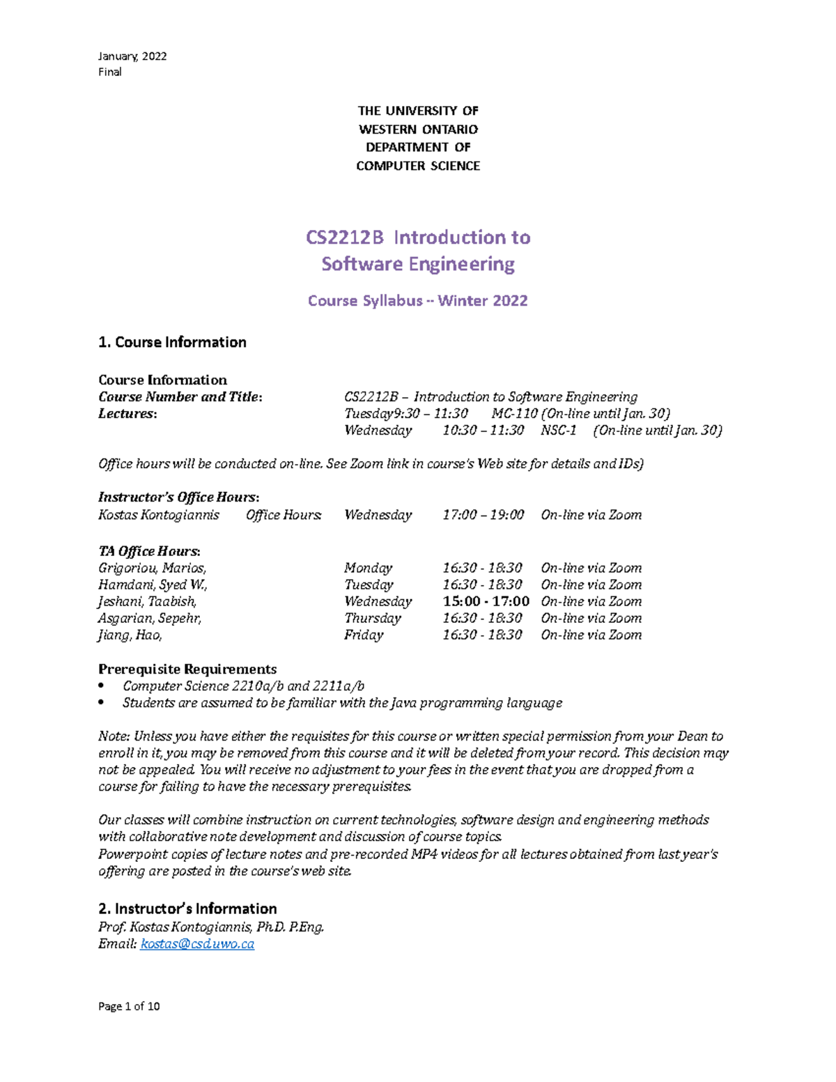 CS2212B-Course-Syllabus-Winter 2022 - Final THE UNIVERSITY OF WESTERN ONTARIO DEPARTMENT OF ...