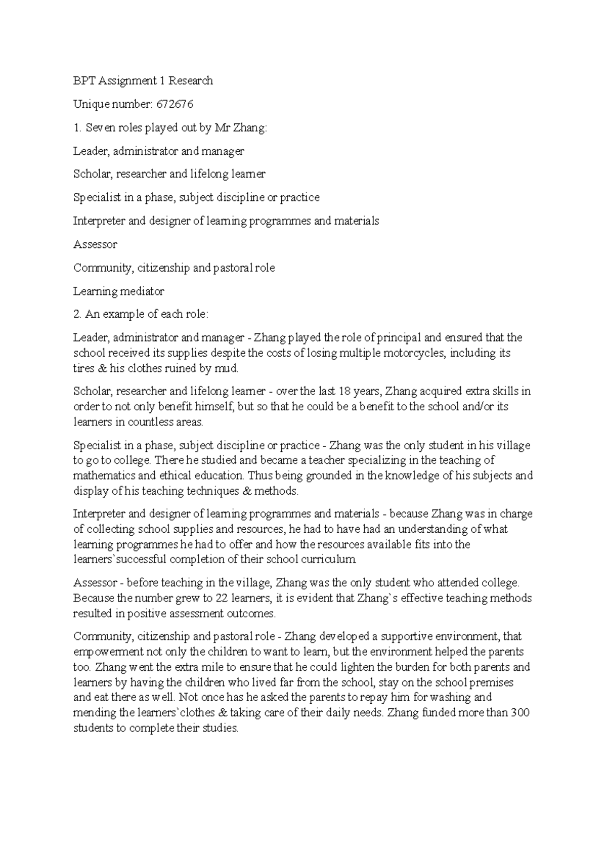 BPT Assignment 1 Research - BPT Assignment 1 Research Unique number: 672676 Seven roles played ...