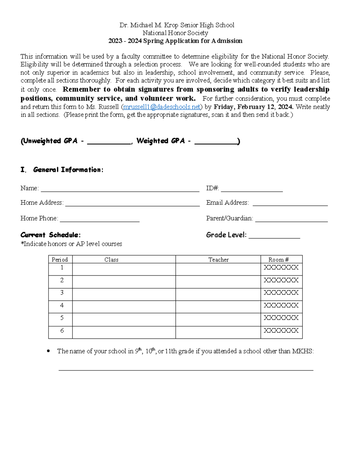 NHS Spring Application - Dr. Michael M. Krop Senior High School National Honor Society 2023 ...