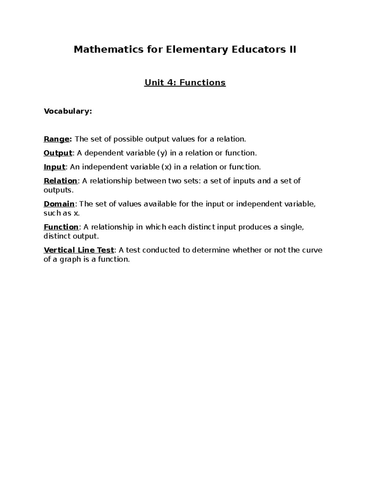 Math Elem Ed Unit 4 Vocab - Mathematics for Elementary Educators II ...