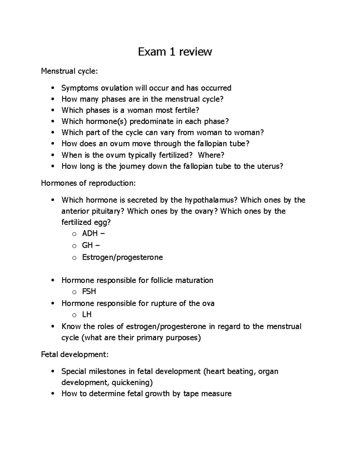Exam 1 review-1 - review - Exam 1 review Menstrual cycle: Symptoms ...