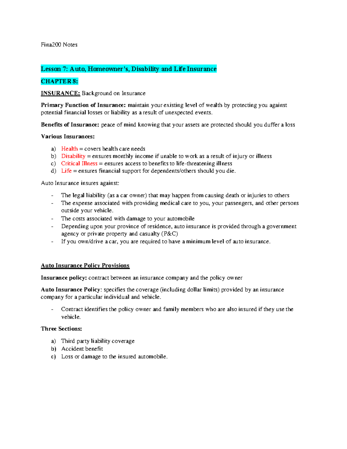 Fina200 Notes (part 2) - Fina200 Notes Lesson 7: Auto, Homeowner’s ...