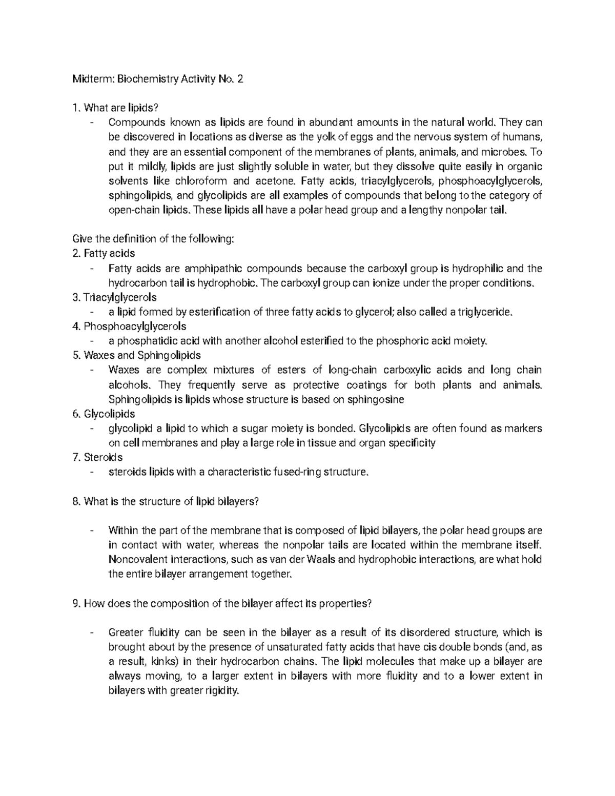 Midterm Biochemistry Activity No. 2 - 2 What are lipids? Compounds ...
