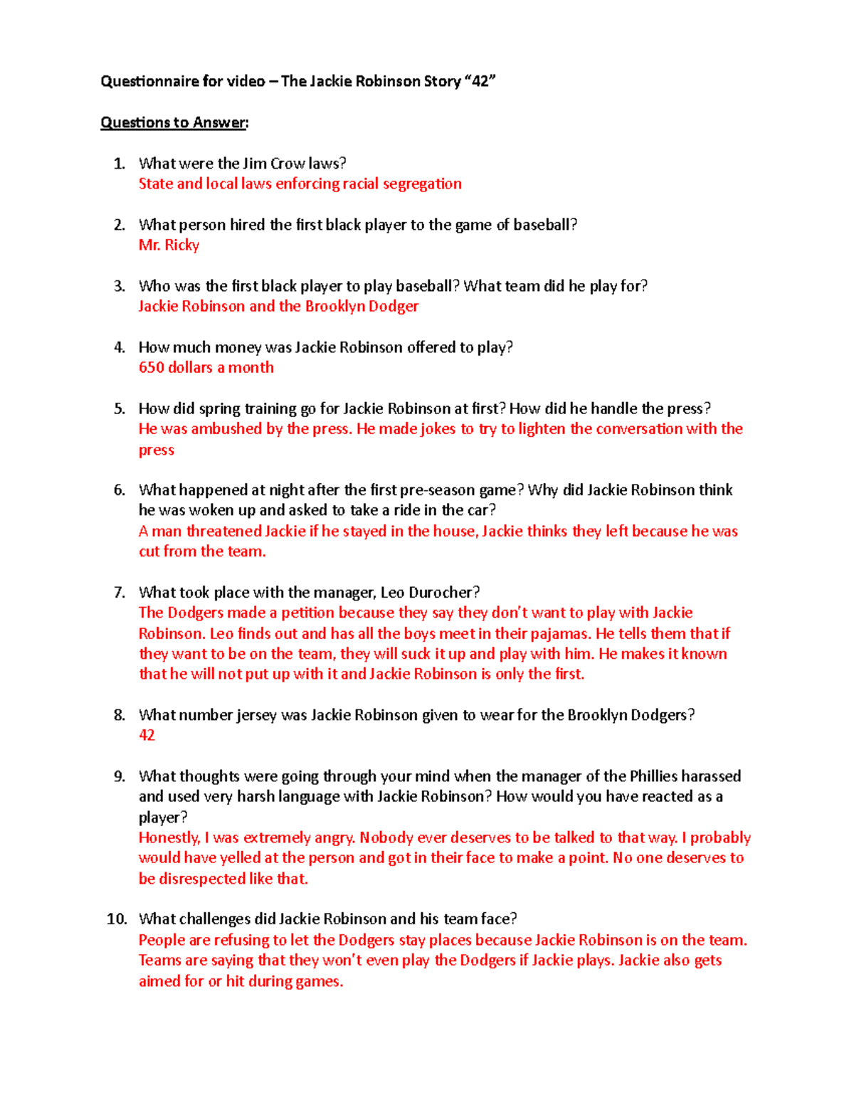 Questionnaire for The Jackie Robinson Story - Questionnaire for video ...