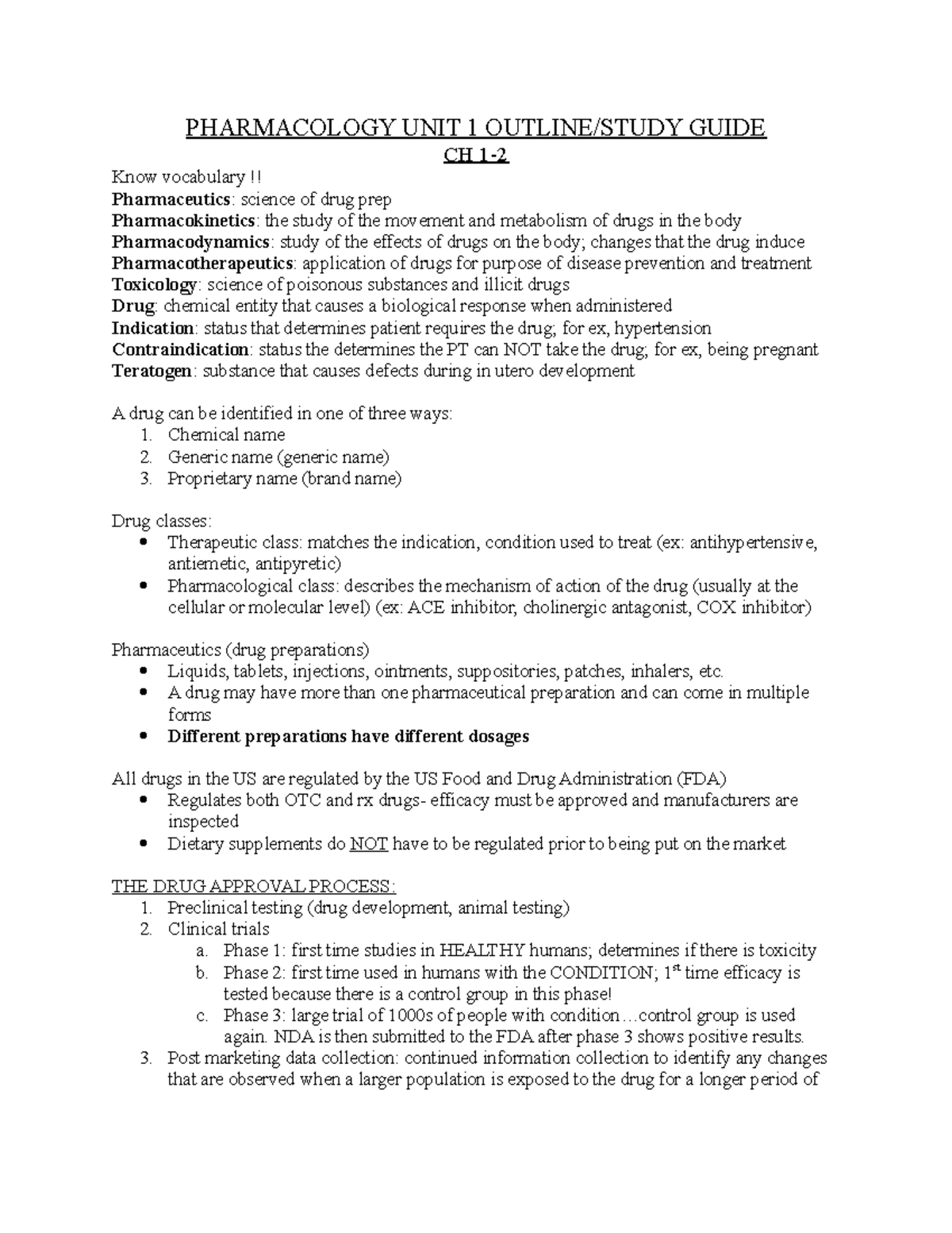 Pharmacology UNIT 1 Outline - PHARMACOLOGY UNIT 1 OUTLINE/STUDY GUIDE ...