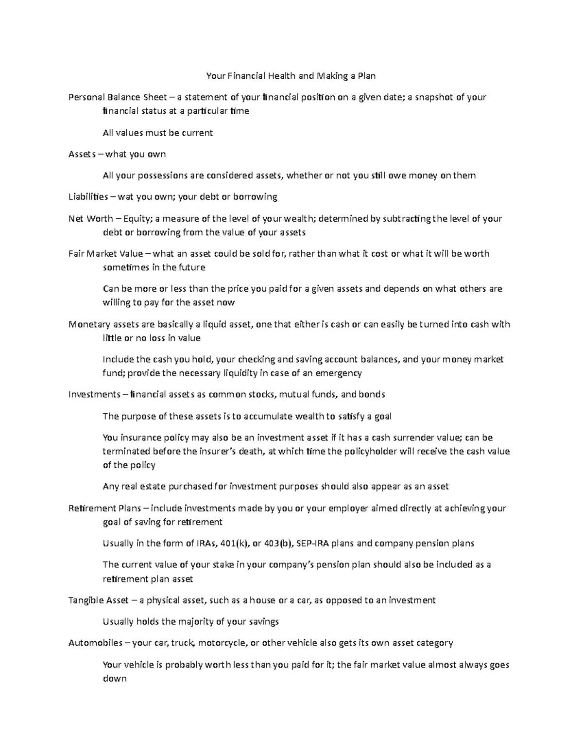 Chapter 2 Notes - Your Financial Health and Making a Plan Personal ...