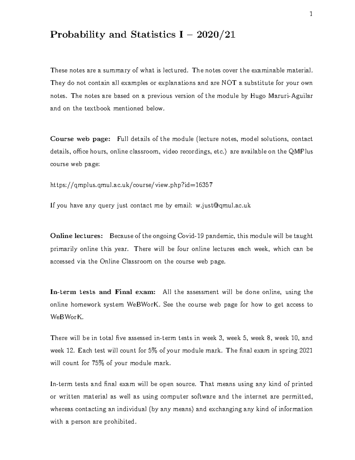 Probability and Statistics 1 Notes - 1 Probability and Statistics I ...